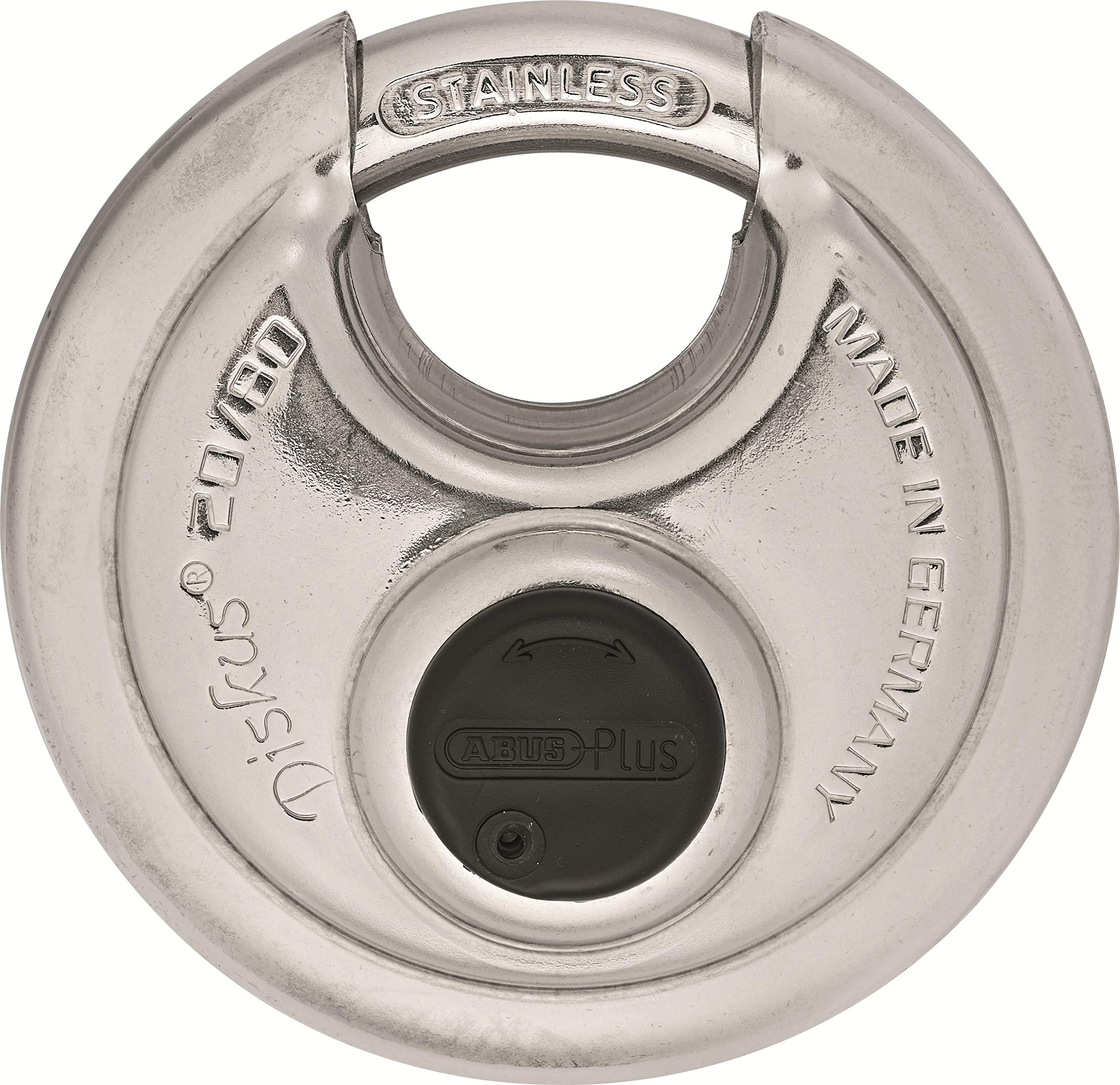 ABUS Diskus 20/80 Heavy Duty Stainless Steel Disk Padlock - Rustproof Circle Storage Lock with 7/16" Shackle - Made in Germany - Keyed Different