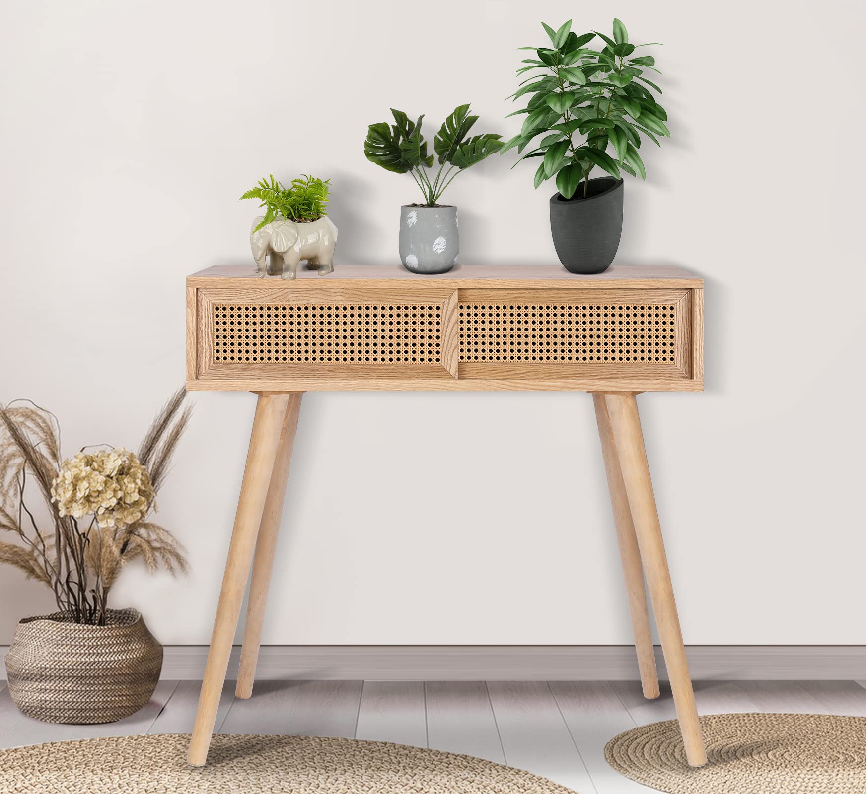 Console/Entryway Tables, Small Vanity Desk Rattan Dresser Side Table Entry Table Narrow Modern Hallway/Sofa Table Boho for Living Room, 31"