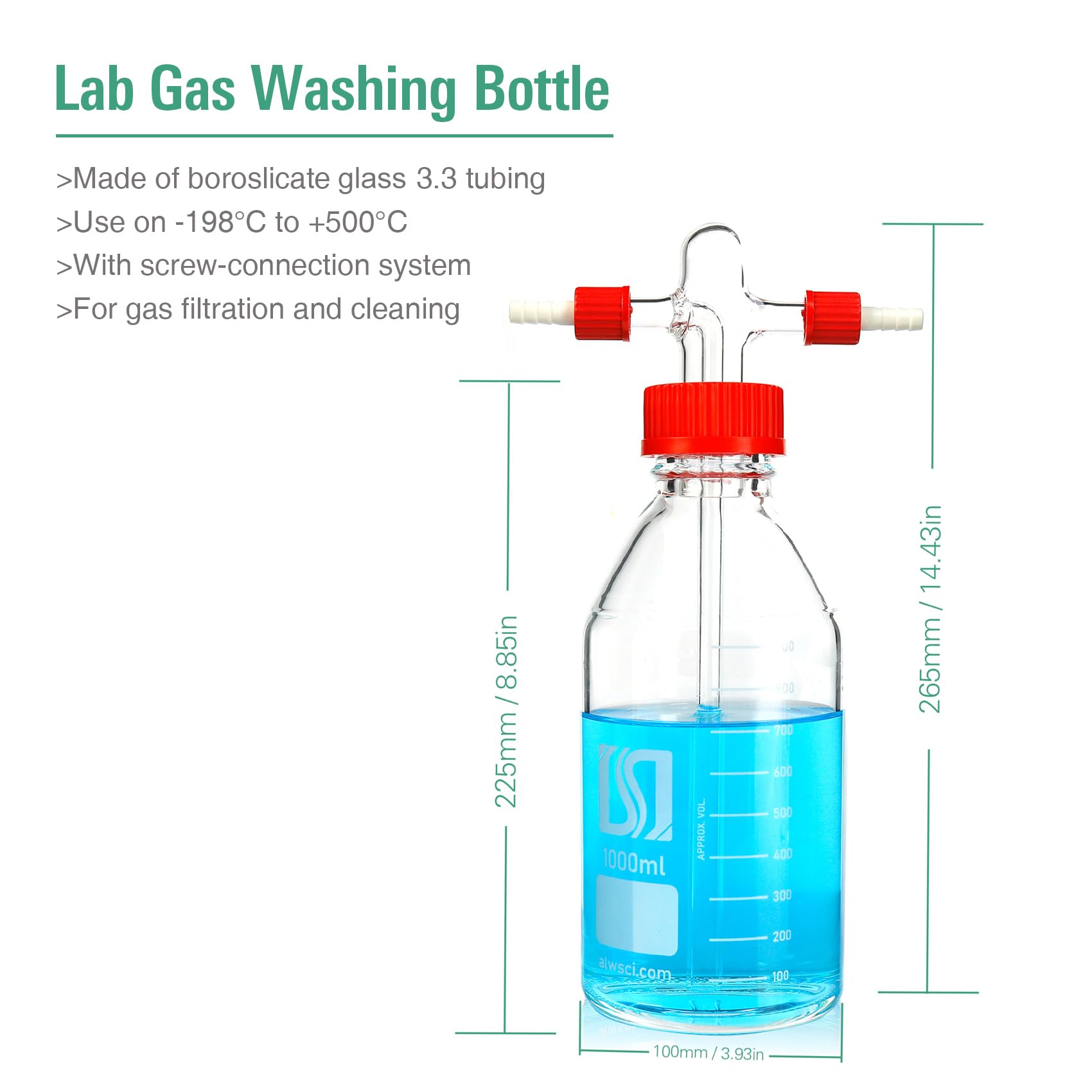 ALWSCI Lab Gas Washing Bottle Glass 1000mL Graduated Lab Buffer Bottle, Drechsel Head GL45 with Filter disc Adjustable Immersion, 2 threads GL14 PBT Red Screw Cap, 1set