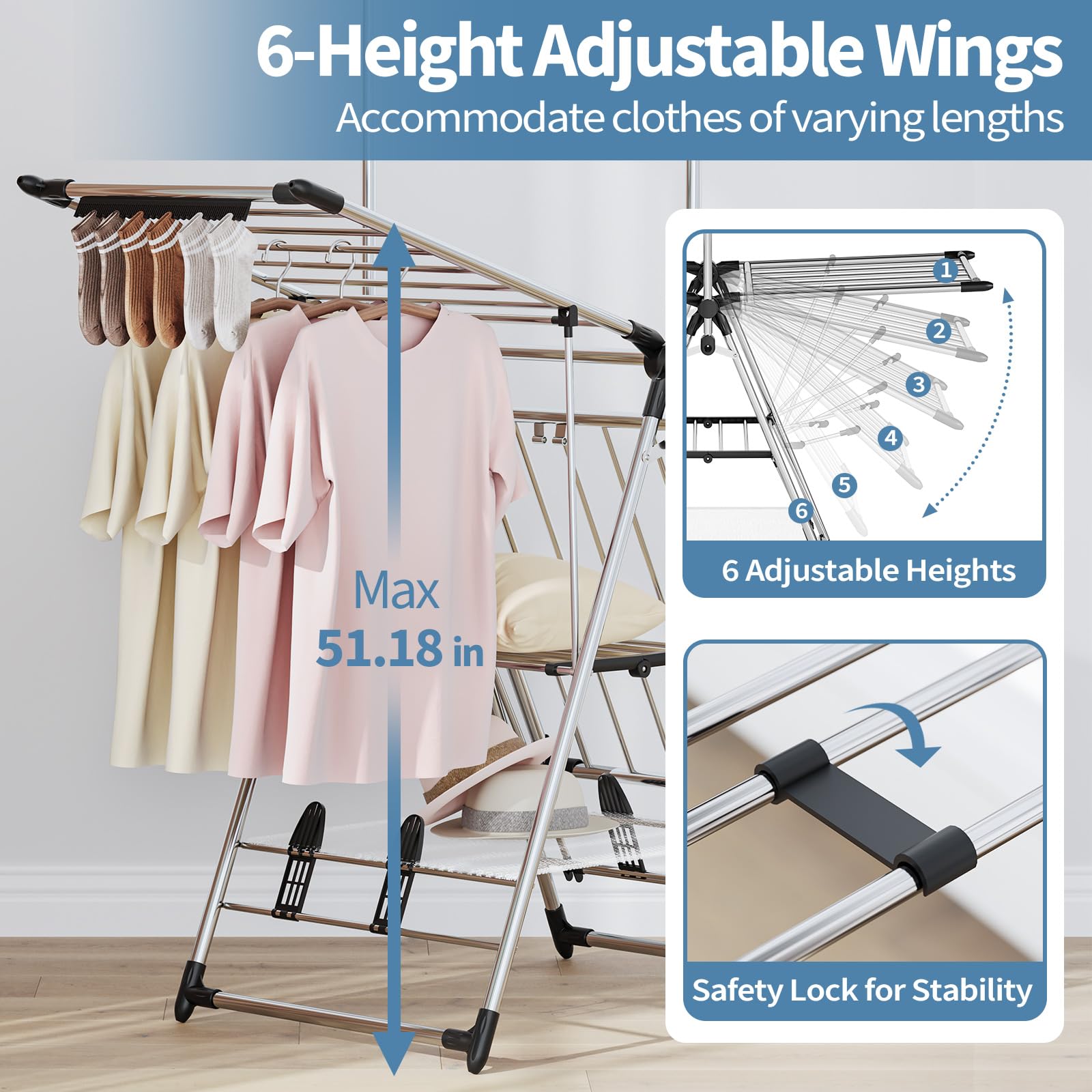 APEXCHASER Clothes Drying Rack with High Hanger, Foldable 3-Level Drying Racks with Shoe Rack, Crossbar and Vertical Rod Laundry Stand with Adjustable Wings
