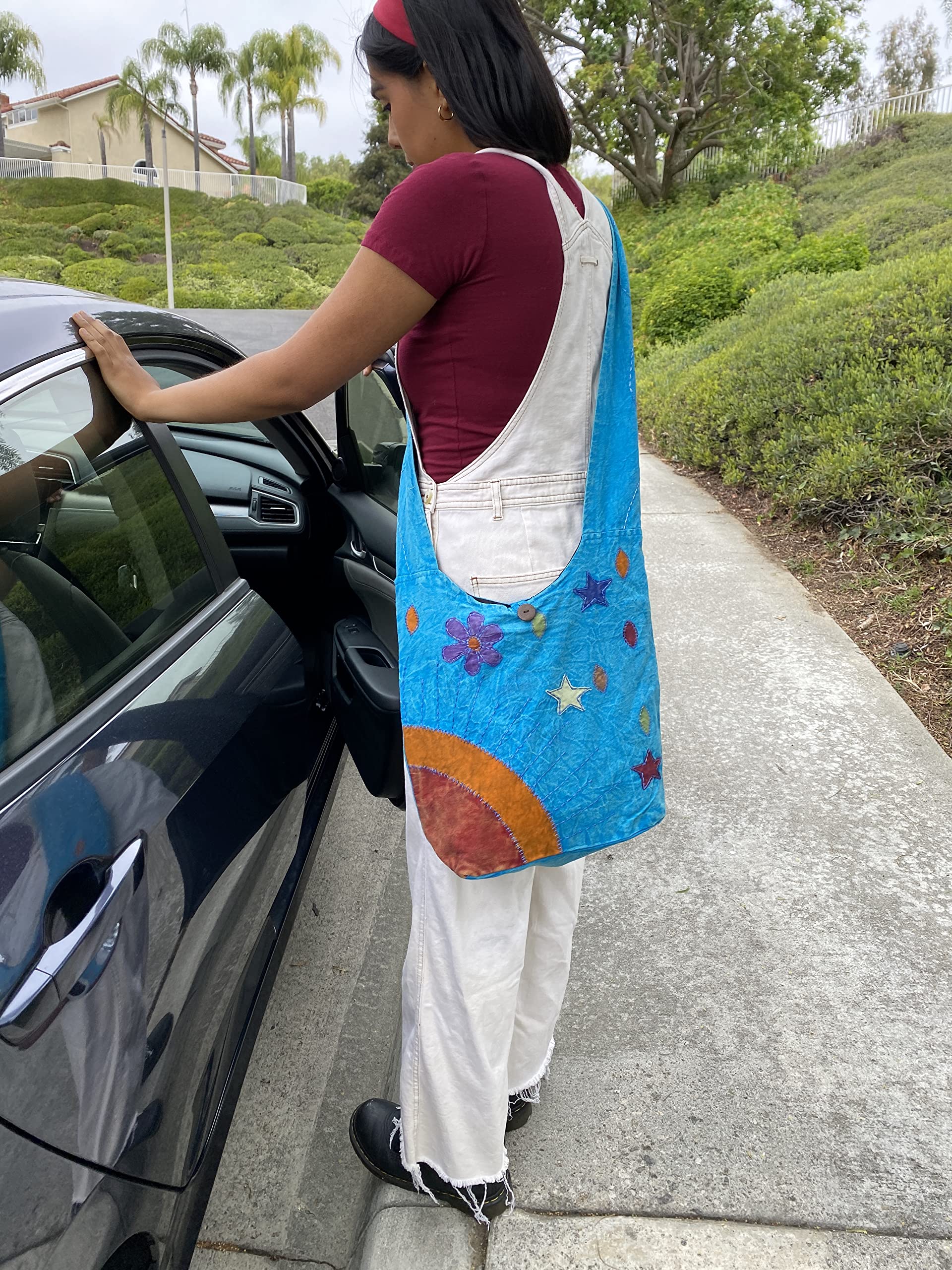 Elements of Nature Bohemian Hand-Stitched Hippie Hippy Shoulder Crossbody Monk Handbag in Blue Large