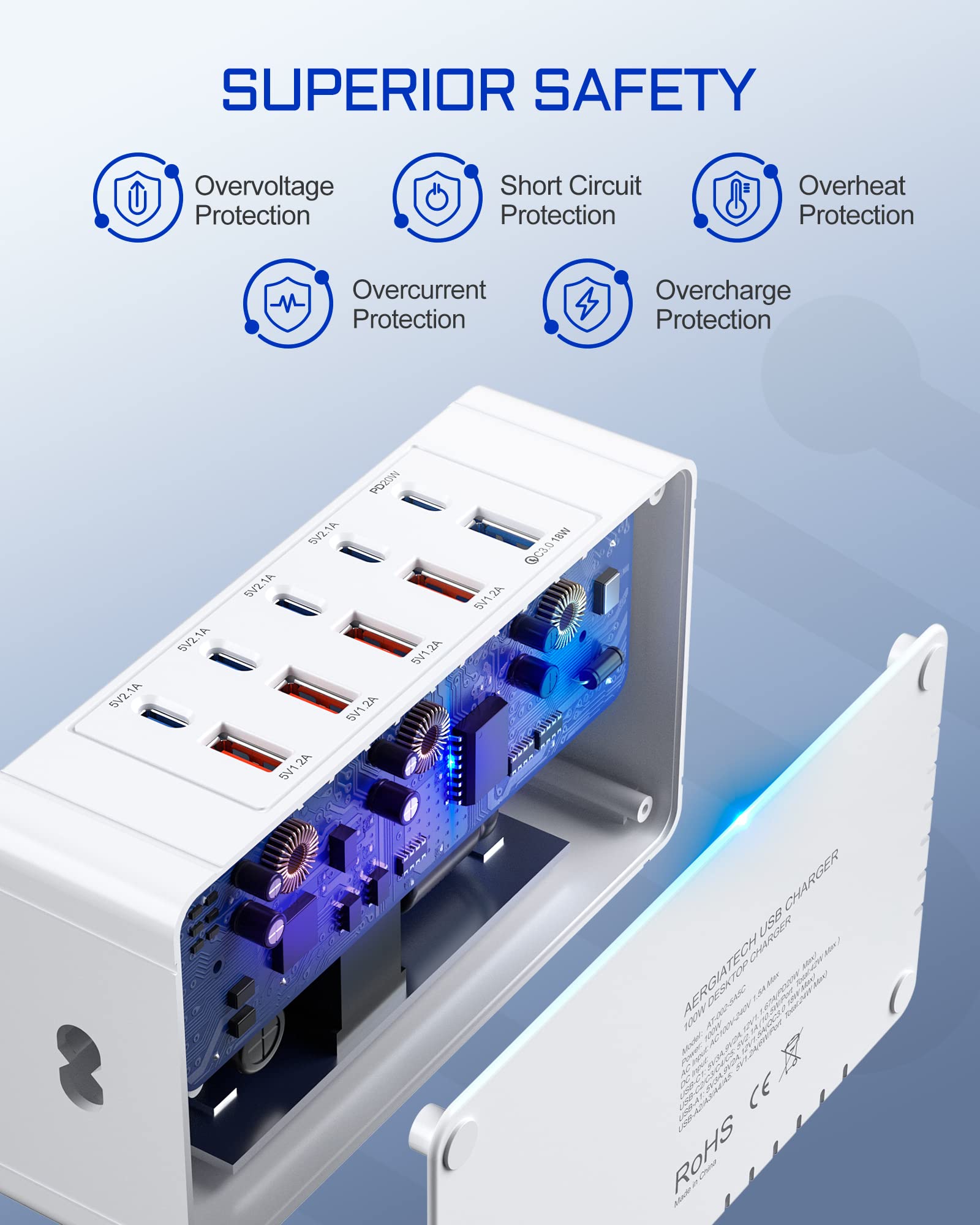 Aergiatech USB C Charger Station, 10-Port 100W Charging Hub with PD3.0 and QC3.0 Fast Charging for Multiple Devices, Compatible with iPhone 15/Pro/14/13, iPad Air/Pro, Galaxy -White