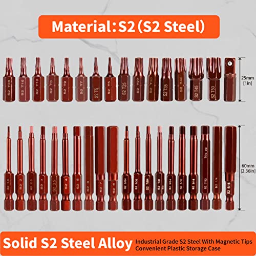 ALWORKKIT 37-Piece Hex Head Allen Wrench Drill Bit & Tamper-proof Torx Bit Set,1PC Strong Magnetic Extension Socket, 1/4" Metric and SAE S2 Steel Hex Bits Set Tool kit. Nice Gifts