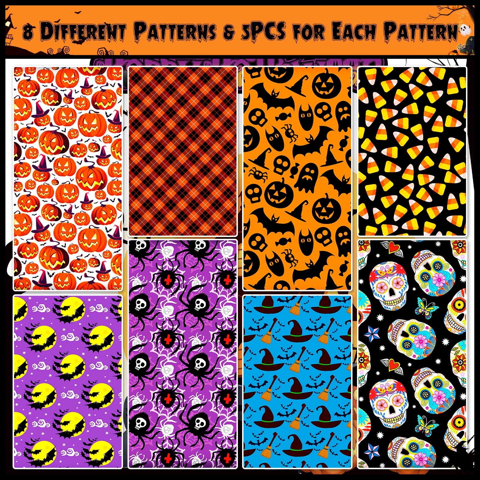40 Pieces Halloween Jelly Roll Fabric 2.6 x 40" Pumpkin Ghost Pattern Pre-Cut Fabric Quilting Strips Roll up Patchwork Cotton Fabric for Halloween DIY Sewing Handmade, 8 Styles