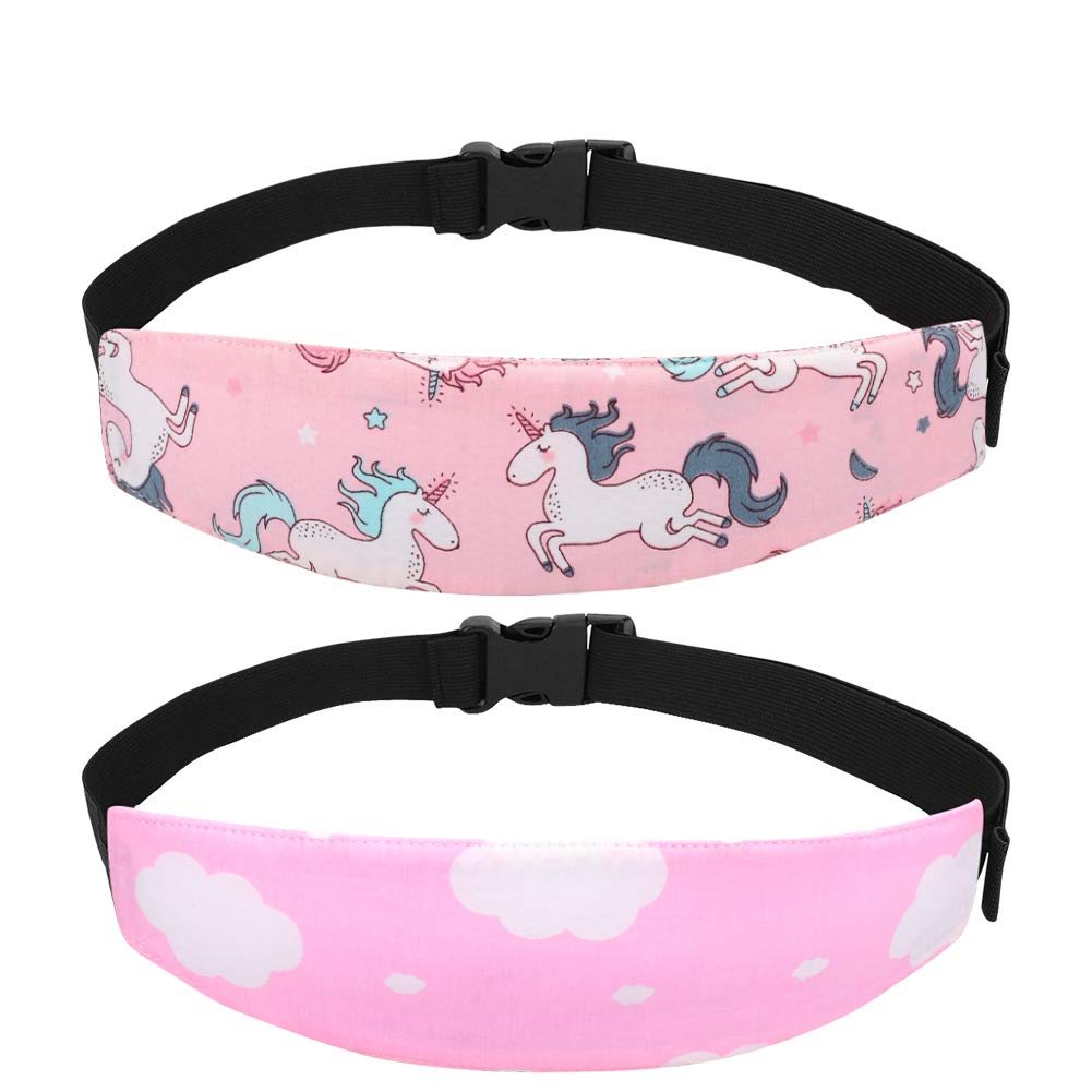 Accmor Baby Carseat Head Support Band Strap 2 Pack for Carseats Stroller Neck Relief Head Strap for Toddler Child Kids Infant(Pink Unicorn + Pink Cloud Pattern)