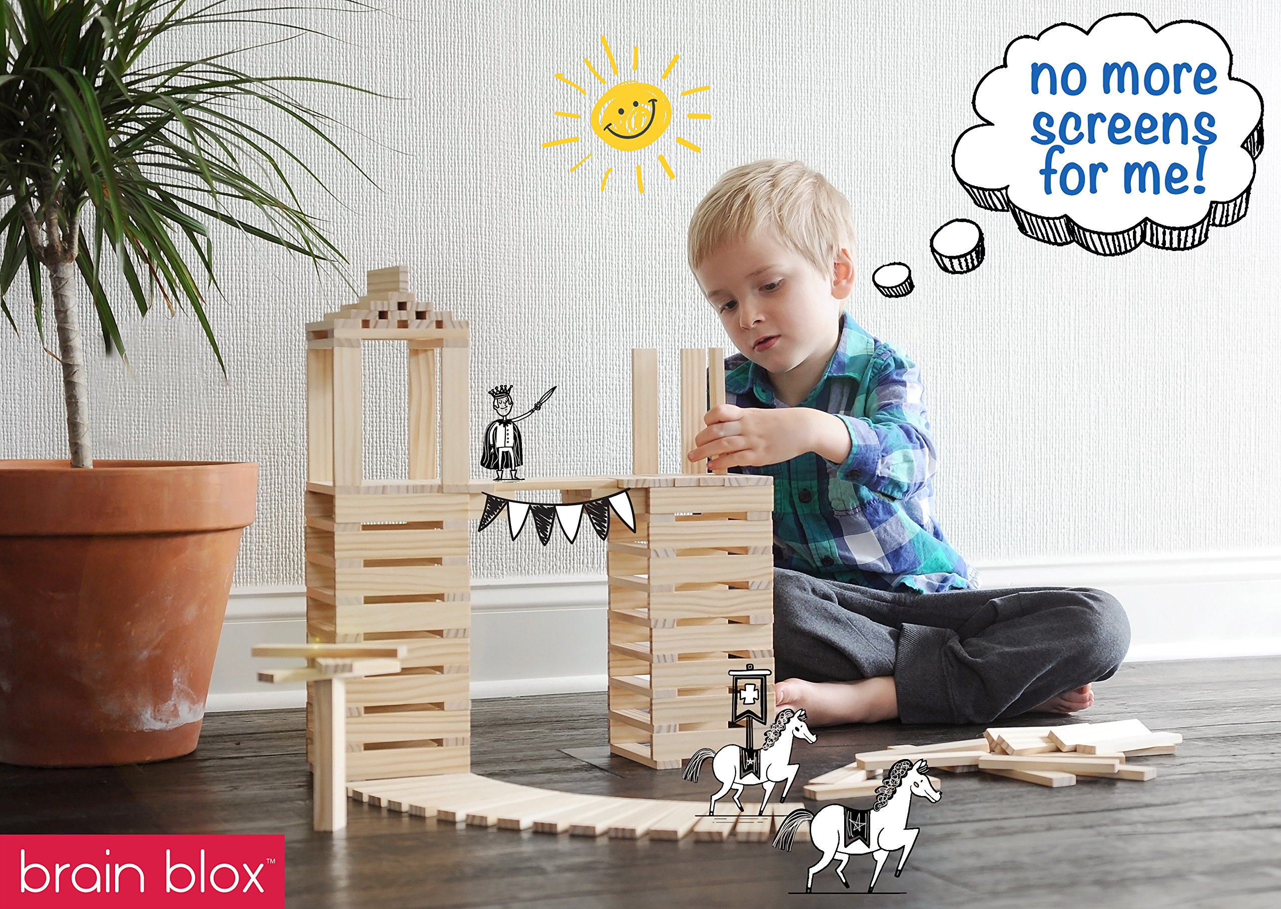 Brain Blox Natural Wooden Blocks for Kids Ages 4-8 - Montessori Blocks for Hands-on Learning - STEM and Architecture for Kids (300 Building Blocks)