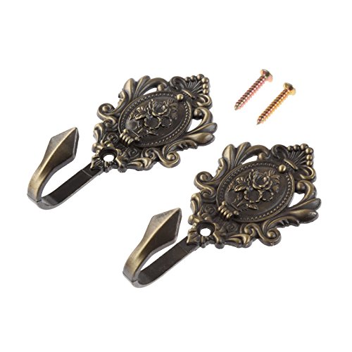 Hicello 2Pcs Curtain Tiebacks Hook Vintage Bronze Rose Pattern Carved Wall Hooks Key Hook Clothes Hanger Bathroom Bedroom Multi-Function Decorative Hook with Screws