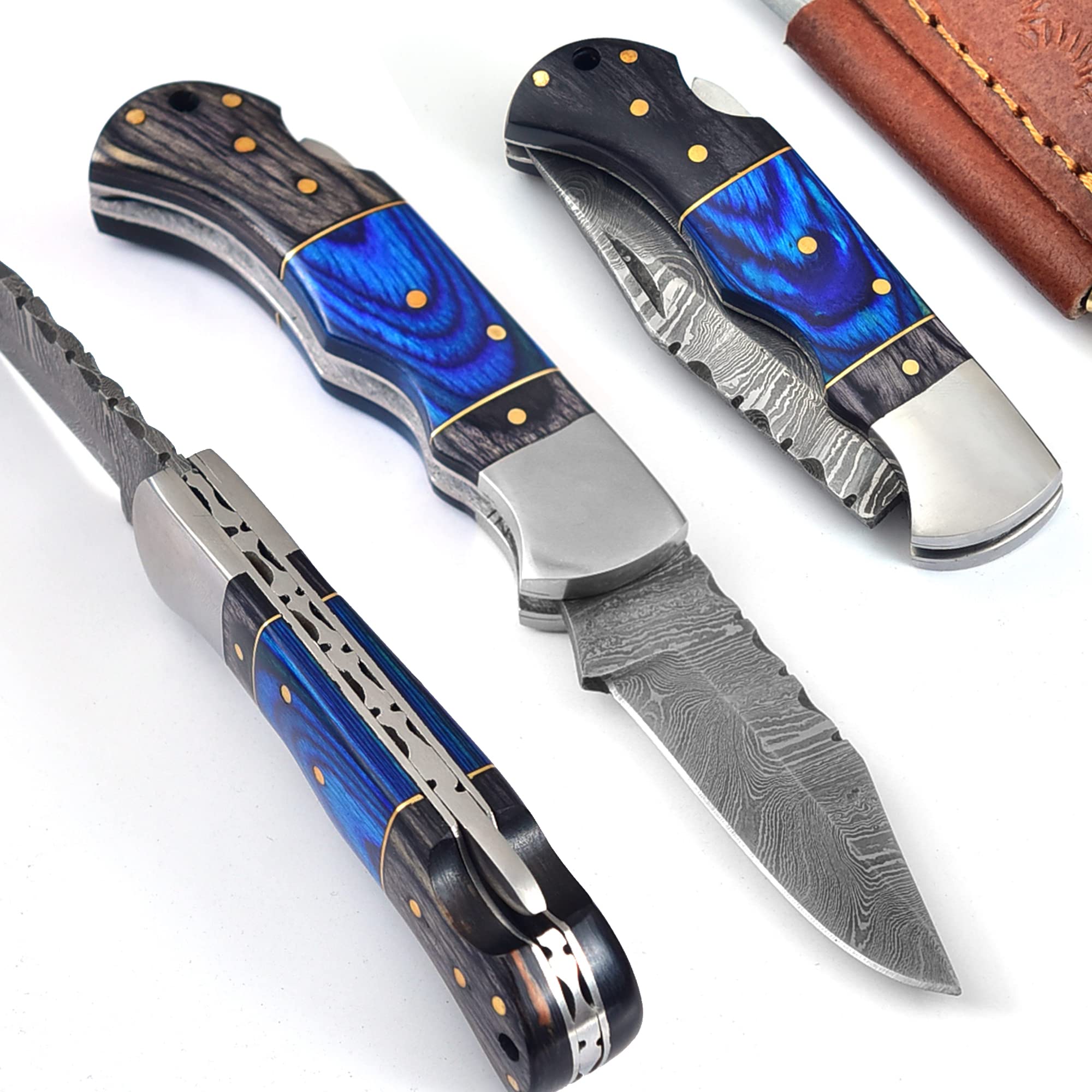 AHAFR DW-995-FLD 6.5 Inch 100% Handmade Damascus Folding Knife for Men - Folding Hunting Knife with Back Lock Leather Sheath & Knife Sharpener (Black Pakka Wood)