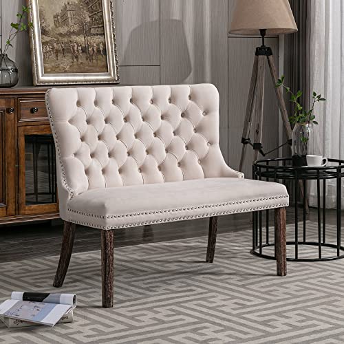 civama Velvet Dining Bench with Back, Tufted Upholstered Loveseat Settee, Nikki Collection Modern Banquette Couch, Comfy Accent Sofa Couch with Solid Wood Legs, Beige