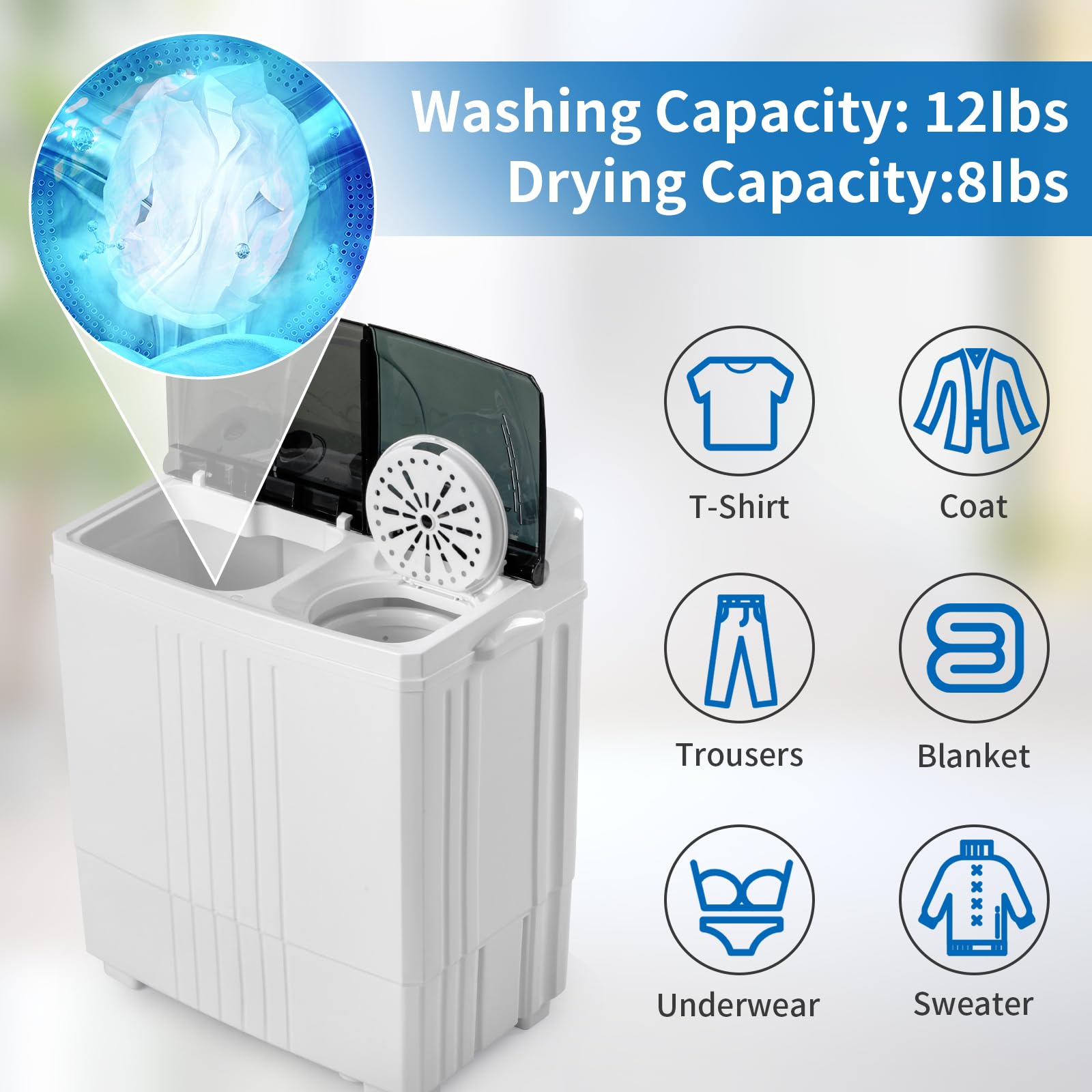 Winado 20LBS Portable Washing Machine, Compact Mini Washer Machine & Dryer Combo, Built-in Gravity Drain, Small Twin Tub Washer with Spin Cycle for Laundry Room, Apartments, Dorms, RV's (Black)