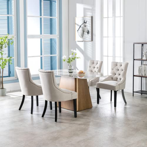 CIMOO Linen Dining Chairs Set of 2 Mid Century Modern Tufted Accent with Solid Wooden Legs Nailhead Trim Room Leisure Padded side for Room/Kitchen/Living Room, Beige, Linen-beige-2pcs