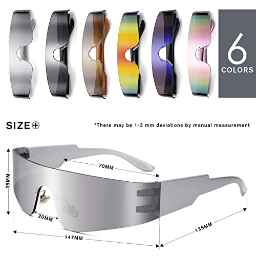 COASION Y2K Silver Futuristic Metallic Sunglasses Cyberpunk Concert Glasses for Women Men, Game 2077 Costume Eyewear (Silver/Silver Mirror + Black/Blue Mirror)