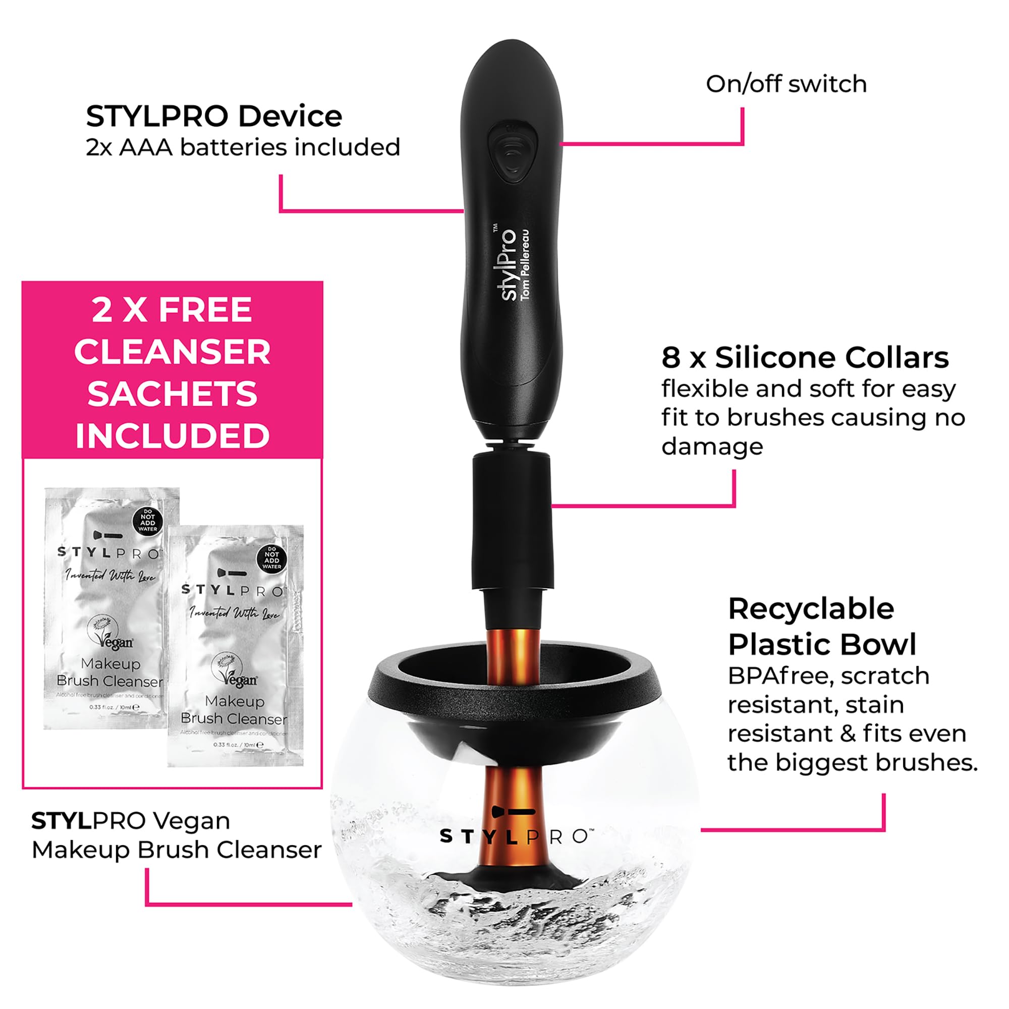 STYLPRO Electric Make-up Brush Cleaner & Dryer - Cleans and dries thoroughly in 30 seconds with gentle centrifugal technology. Suitable for all brush sizes, incl. vegan cleaner.