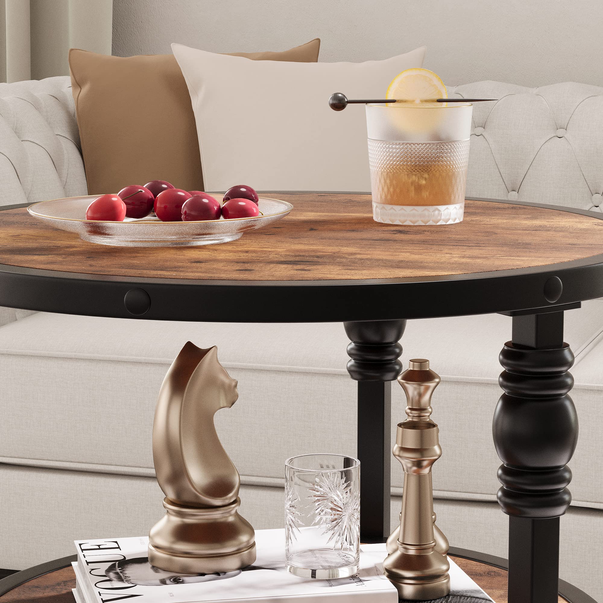 Amyove Round Side Table, 3-Tier End Table Living Room Accent Table with Storage Shelf and Metal Industrial Wood Bed Side Table/Night Stand for Bedroom, Small Spaces, Rustic Brown