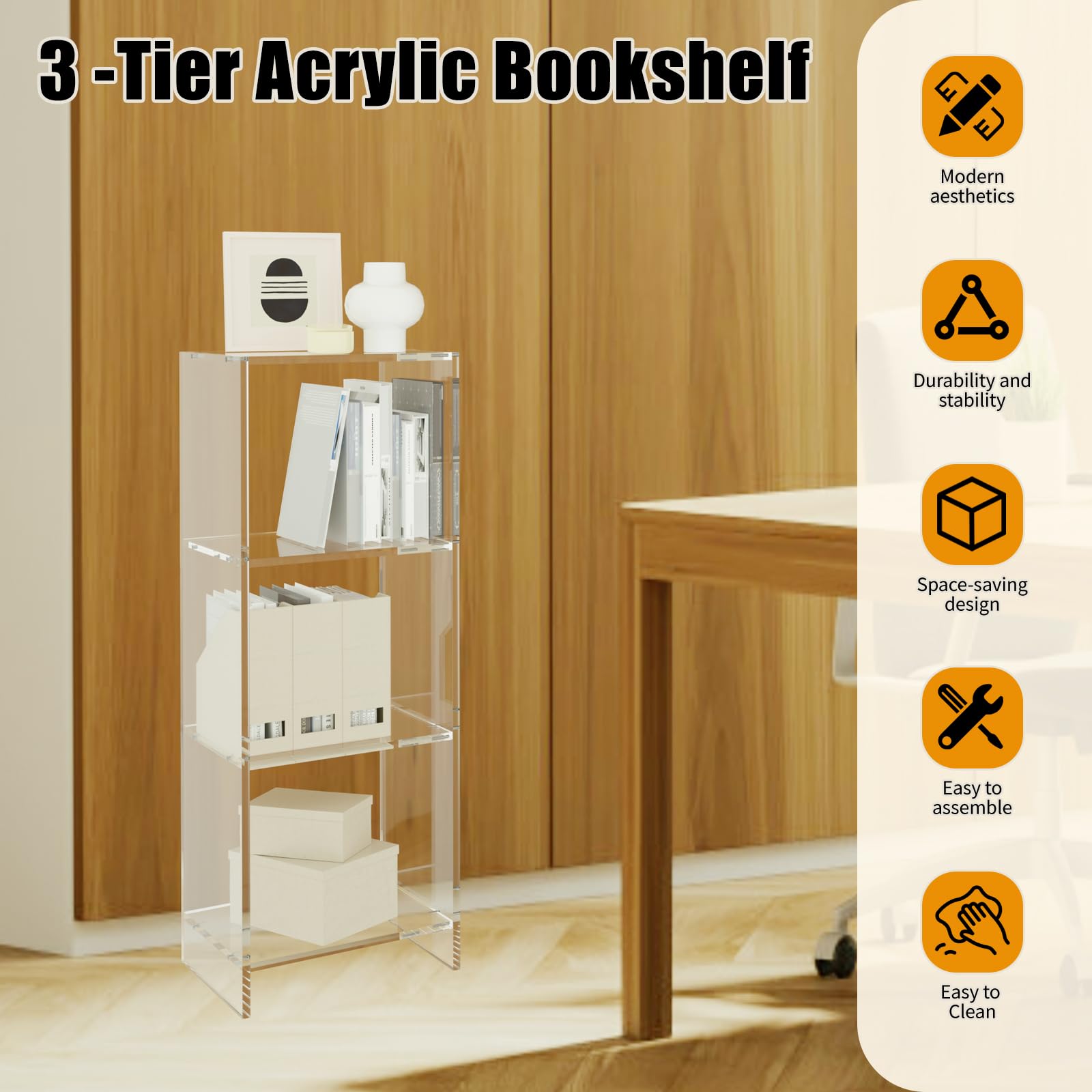 Nalwort Clear Acrylic Bookcase, 3-Tier Cube Storage Bookshelf, Modern Standing Display Bookshelf 31.5" Tall, Narrow Bookcase, Sturdy Open Book Shelf for Office, Living Room, Bedroom
