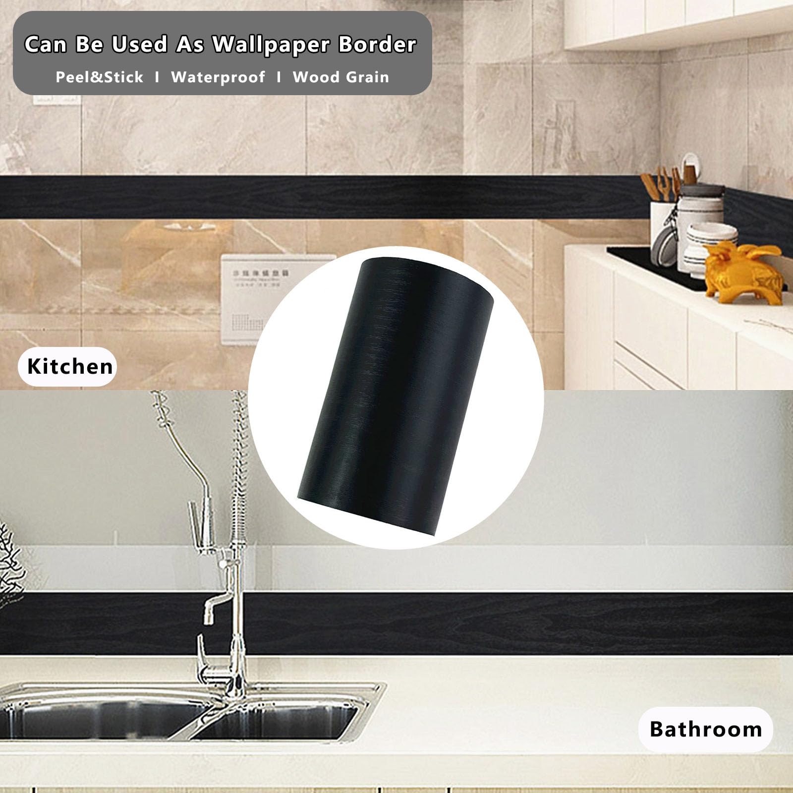 DESOMINOR 32FT Black Border Peel &Stick Black Wood Grain Wallpaper Border Removable Waterproof Bathroom Mirror Frame Sticker,3.94 Inches by 32.8 Ft