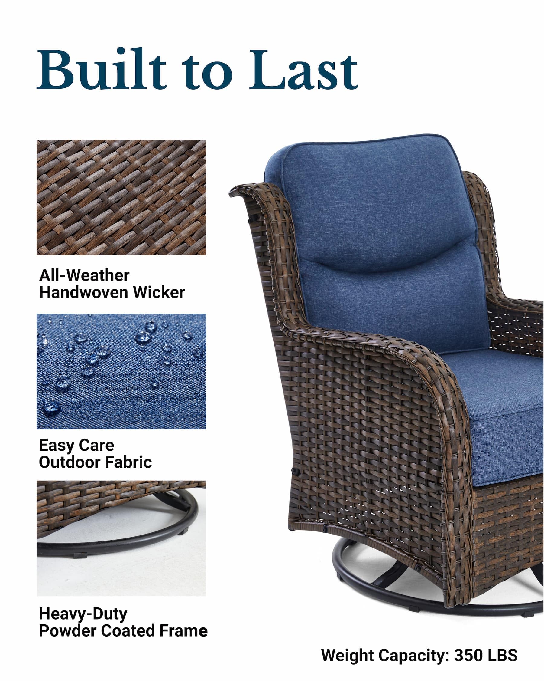 HILLGA Luxury High Back Outdoor Swivel Rocker Patio Chairs Set of 2, with 6-Inch Thick Cushions and Side Table, Ideal for Porch, Poolside, Deck, and Yard in Blue (PRO Version 2.0)