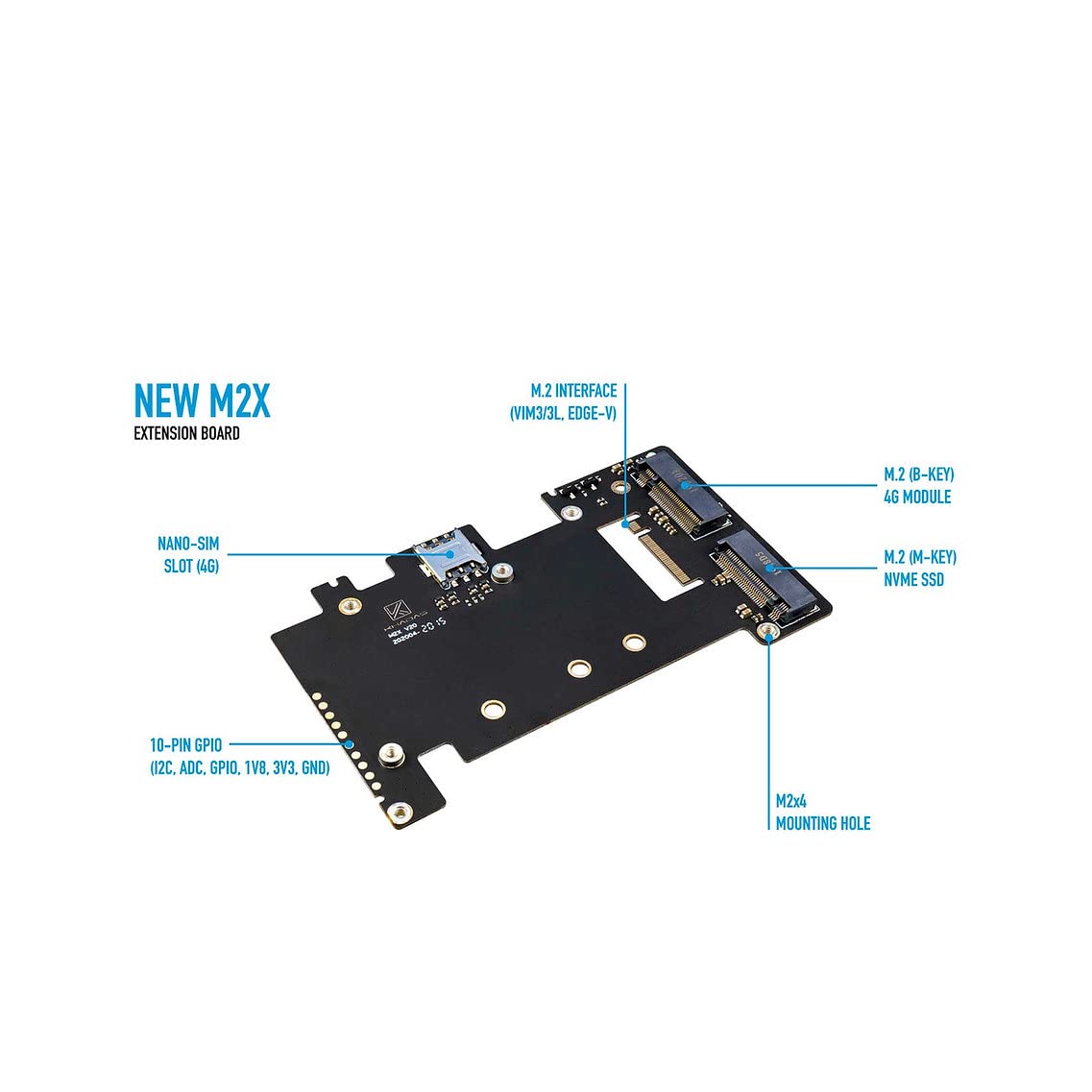 Khadas New M2X Extension Board is an Ultra-Thin Version of The Original M2X Board.It has M.2 Slots for Adding a 4G LTE Module and NVMe SSD to VIM3/VIM3L. A Nano-SIM Card Slot is Built Into The Board