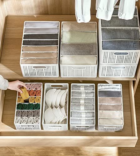 ChezMax Wardrobe Clothes Organizer, Upgraded PP Board Cabinet Closet Compartment Storage Baskets, White Washable Foldable Dividers Closet Drawer Bins for Underwear Socks Jeans, Small Size 6 Grids