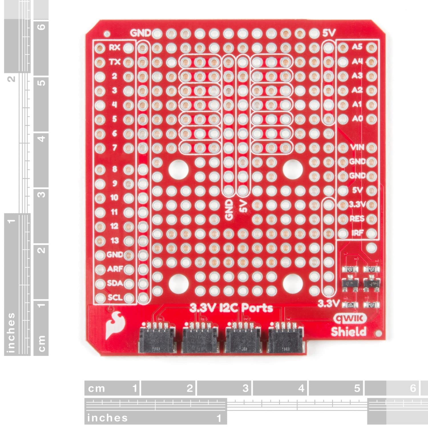 SparkFun Qwiic Shield Compatible with Arduino-Simple to incorporate Qwiic connect system w/ R3 footprint system I2C 4 mounting ports 3-by-1 power rails & ground buses Converts 5V-3.3V Soldering Needed