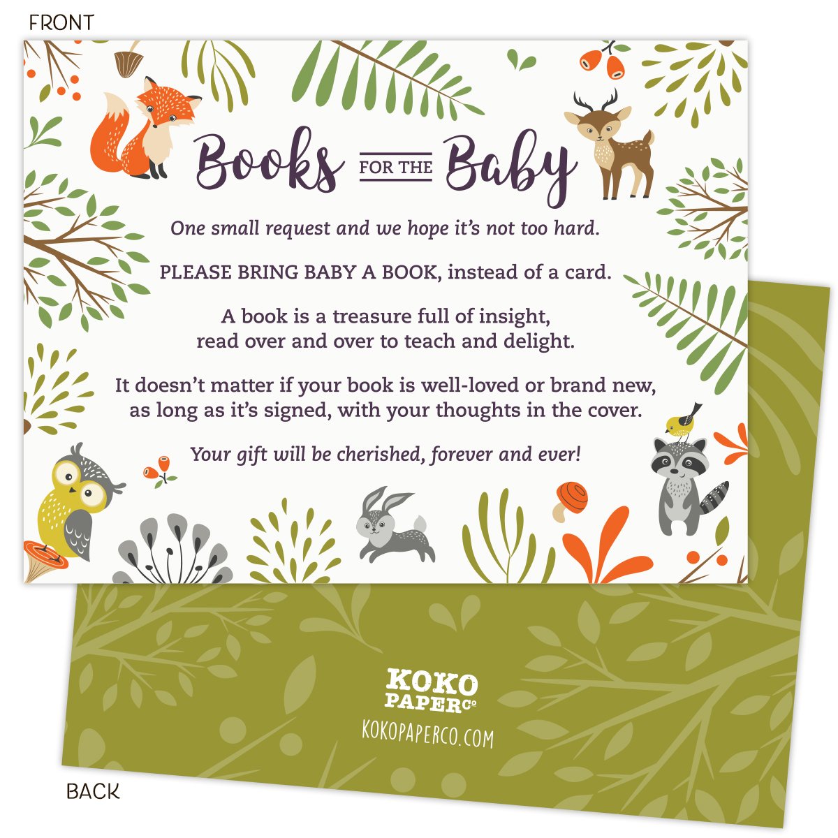 Woodland Baby Shower Book Request Cards with Owl and Forest Animals. Pack of 50. Gender-Neutral, Unisex Design Suitable for Boy or Girl.