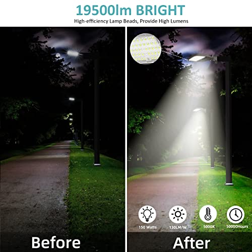 Cinoton 150W LED Parking Lot Lights, 19500LM 5000K Daylight Street Light with Dusk to Dawn Photocell, Ip65 Shoebox Light with Adjustable Arm Mount, 100-277V, Dimmable, ETL Listed, Power Tunable 1-Pack