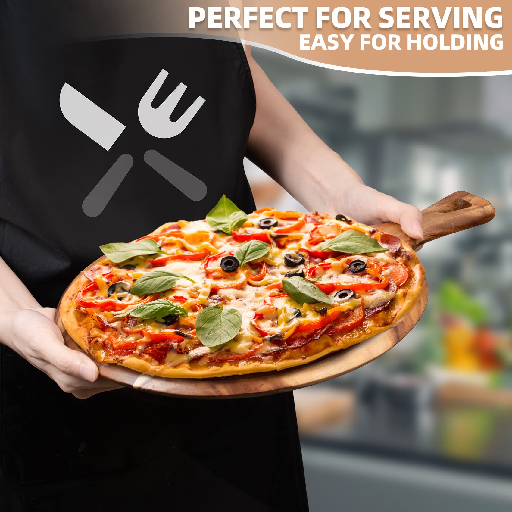 Acacia Wood Cutting Board Pizza Peel - EVNSIX Round Cutting Boards with Handle for kitchen,Wooden Chopping Board Countertop for Meat, Bread, Vegetables Fruits Charcuterie Cheese Serving Paddle Board