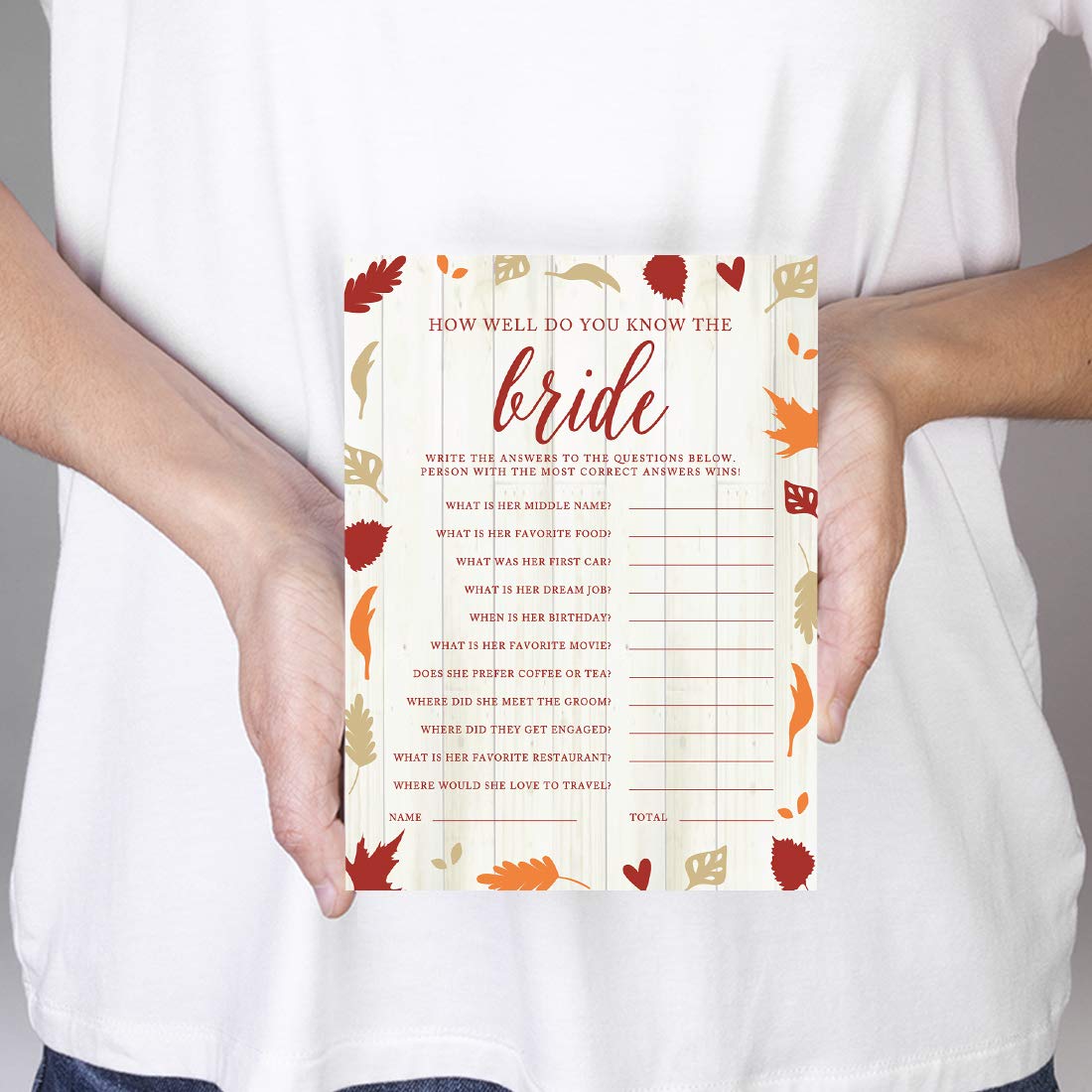 Andaz Press Fallin' in Love Autumn Fall Leaves Wedding Party Collection, How Well Do You Know the Bride? Bridal Shower Game Cards, 20-Pack