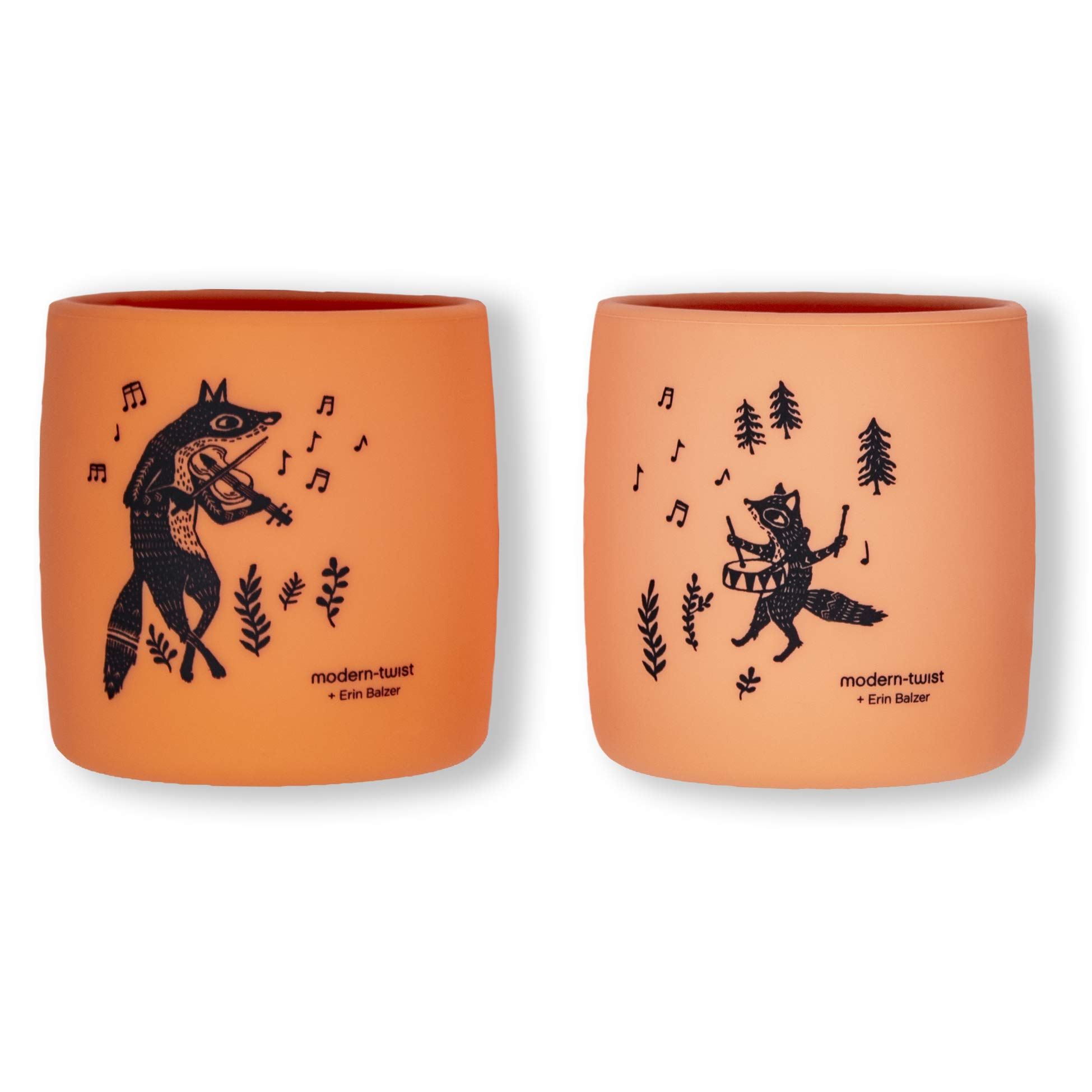 modern-twist Sip Set, Food-Grade Silicone, Waterproof, Dishwasher, Freezer Safe, Reusable Cups – Orange Fox Family, Pack of 2