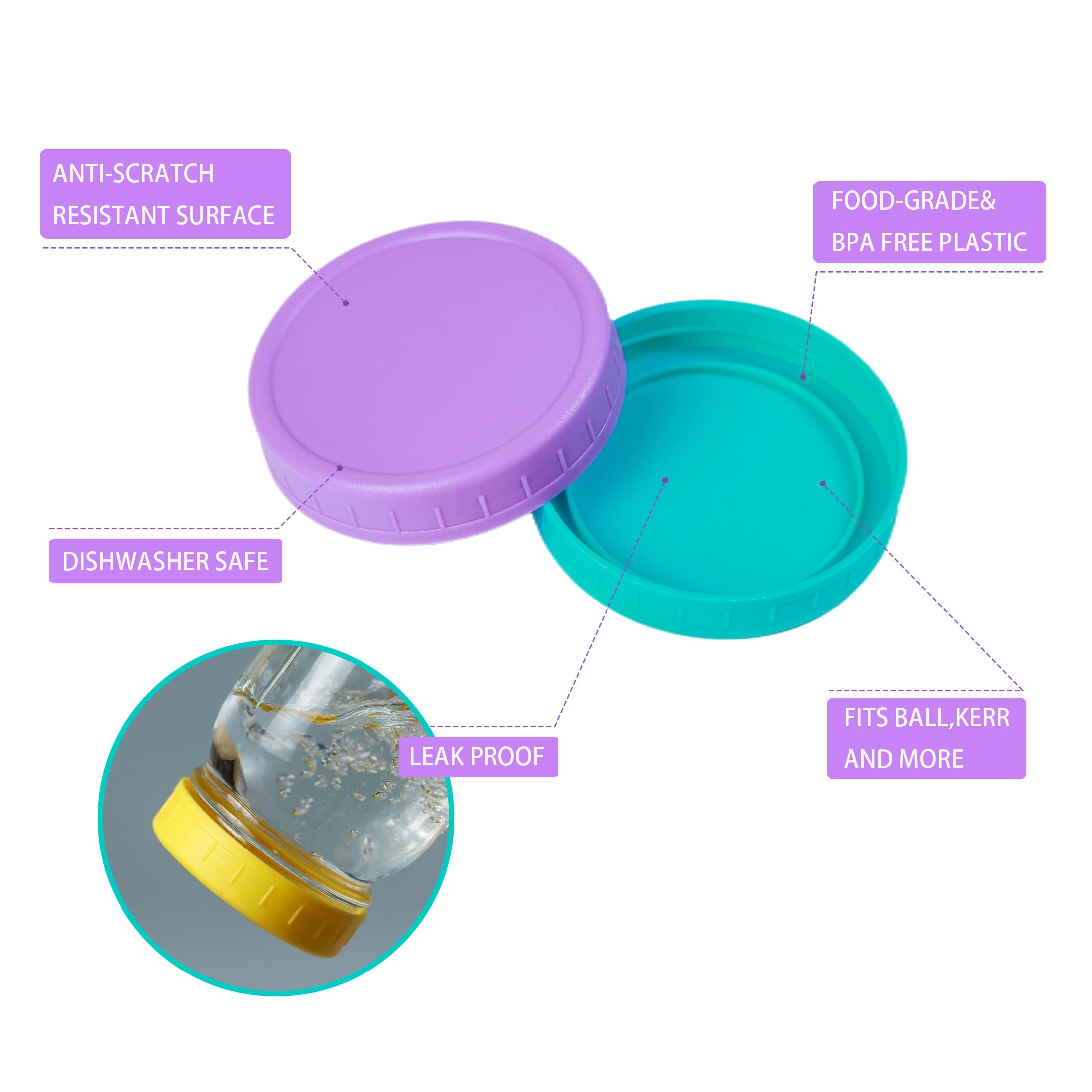 Bedgeta 9 Regular Mouth Mason Jar Lids with Silicone Ring,Thickened Leak-proof Lids Fit Ball,Kerr and More, 9 Color Plastic Lids, 70mm Plastic Mason Jar Lids