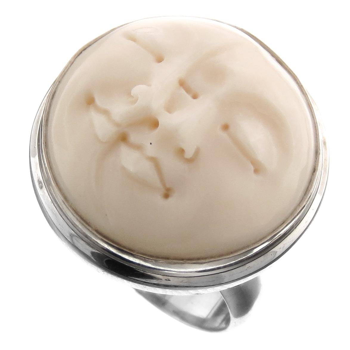 8 Sun Moon Crescent Face Goddess Bison Bone 925 Sterling Silver Ring
