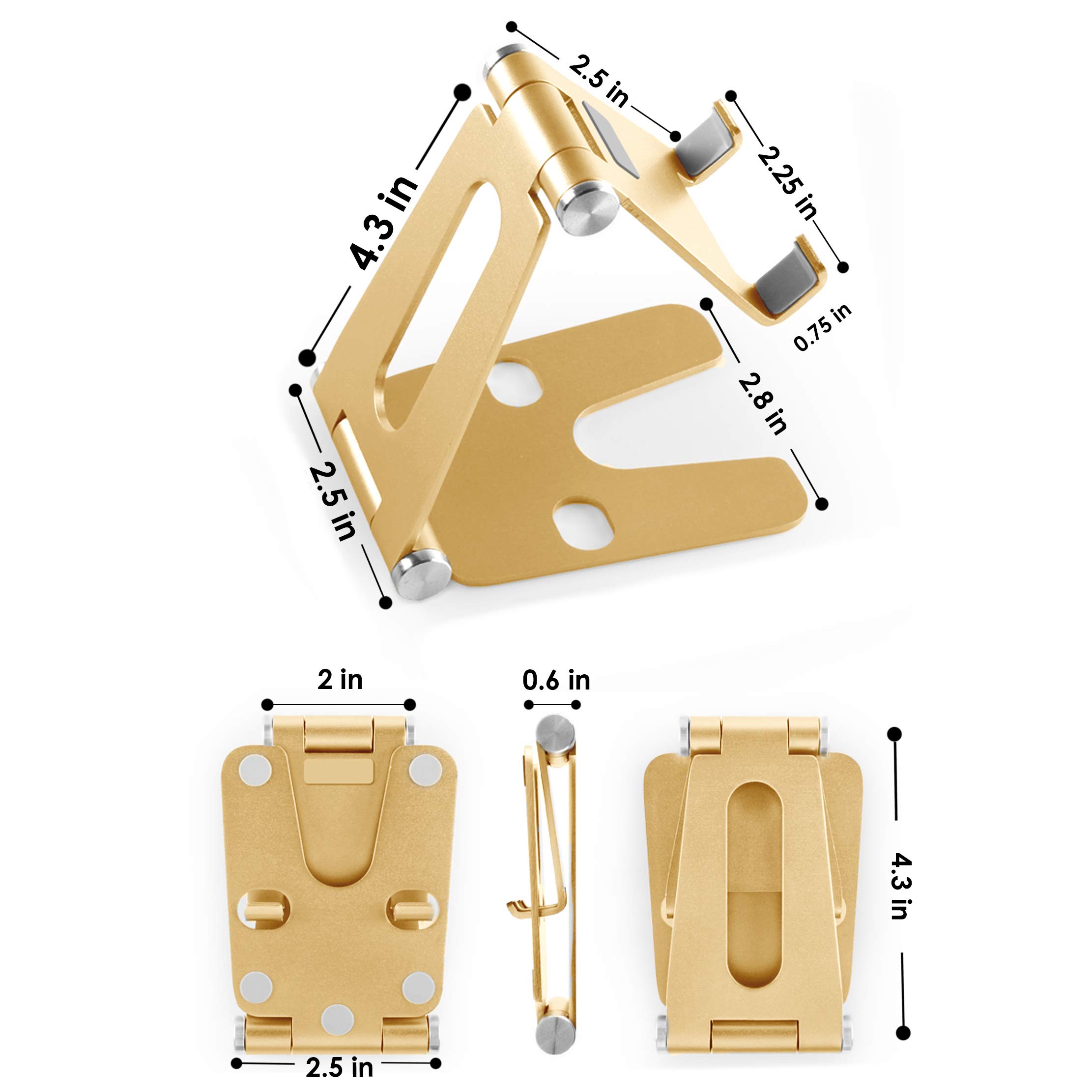 Pokanic Cell Phone Tablet Fully Foldable Stand Dock Holder Cradle Mount Organizer Charger Station Table Desk Bed Office School Kitchen Travel Portable Adjustable Multi-Angle Aluminum (Gold)