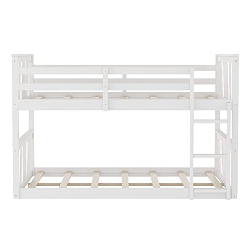 CITYLIGHT Floor Full Over Full Bunk Beds, Wooden Low Full Over Full Bunk Bed for Kids, Toddler Full Bunk Bed for Girls Boys Teens’ Bedroom or Dorm (Full,White)