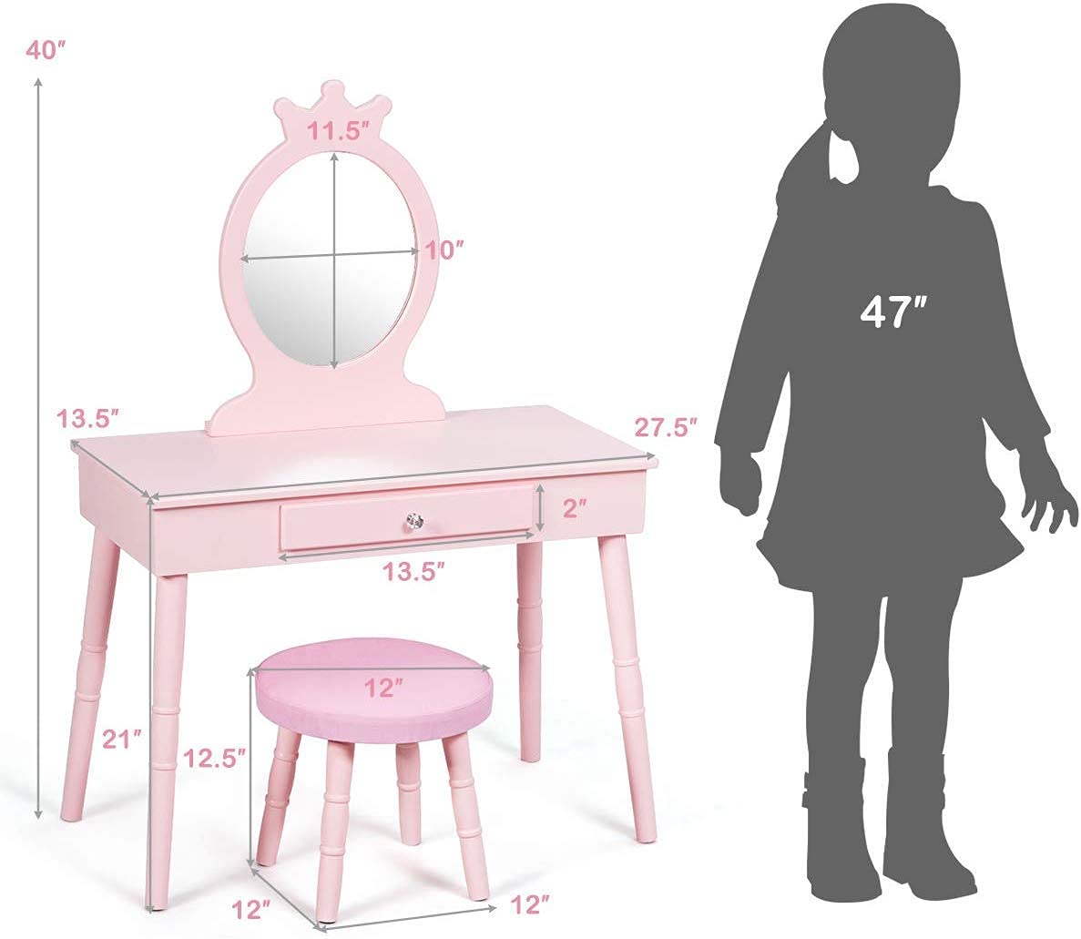 Casart Wooden Kids Vanity Set, Makeup Table and Stool Set with Mirror, Pull-Out Drawer and Cushioned Stool, Perfect Dressing Table Set for Children,Child Pretend Beauty Play Vanity Set, Pink