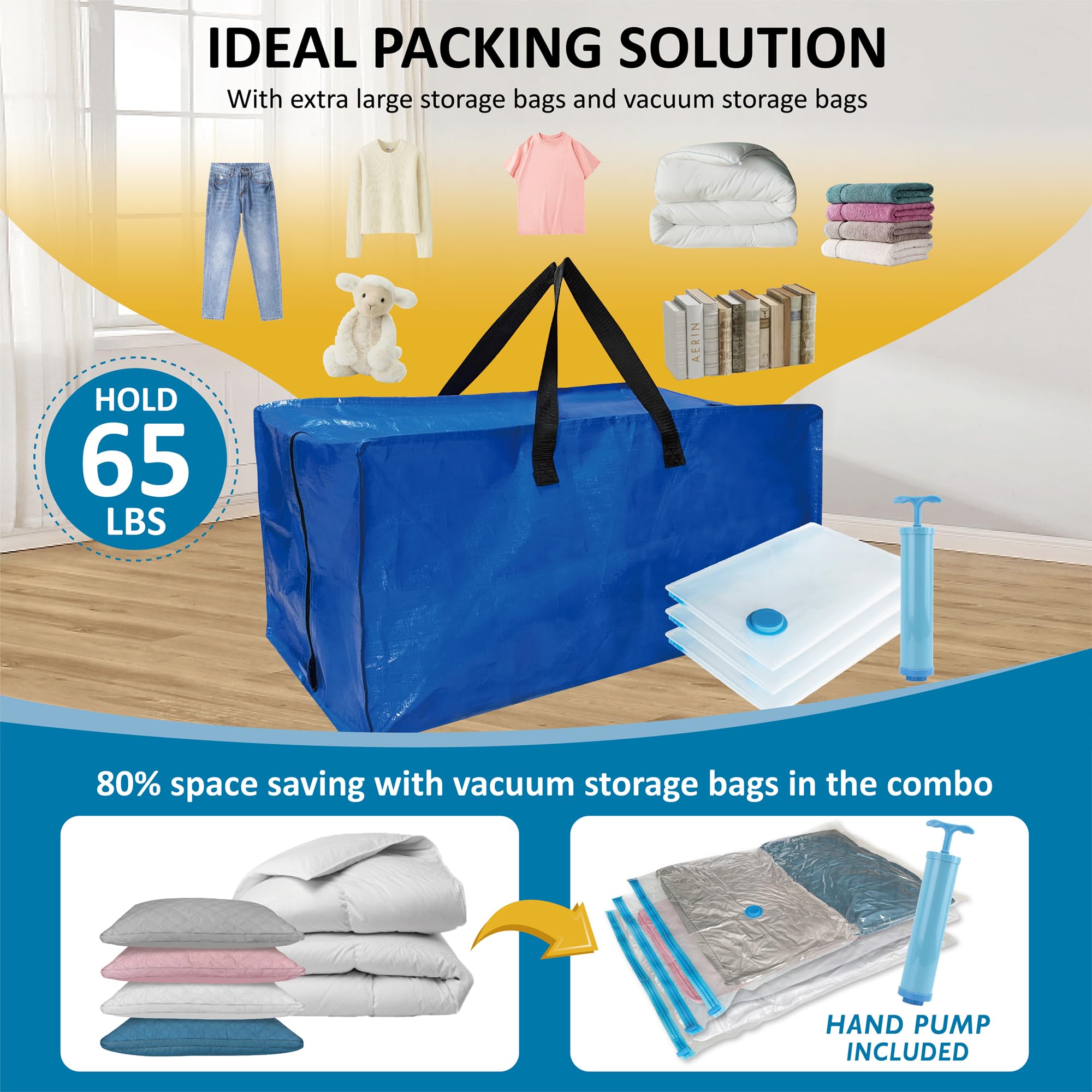 6 Pack Heavy Duty Extra Large Moving Bags with Backpack Straps & Vacuum Storage Bags Moving Supply Combo, Moving Totes with Handles & Zippers for Space Saving, Fold Flat, Includes Vacuum Bags