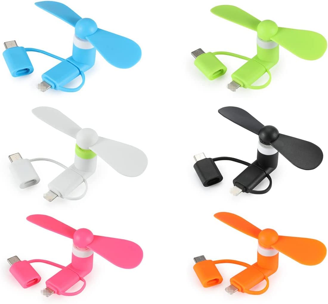 A plus Mini Cell Phone Fan 3-in-1 Mobile Phone Fans Compatible with iPhone/iPad/Android Smartphone/Tablet Fit for Micro USB/Type C/Lightning Port Fan Colorful and Powerful Fans(6-Pack)