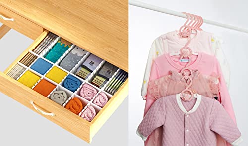HGYZE Baby Closet Hangers with 42cm Customizable Separators for Nursery Drawer, Extendable Infant Pant Rack for Newborn Clothes -20pcs Pink Gifts & Deep Dividers for Girl Boy Toddler Kids Child