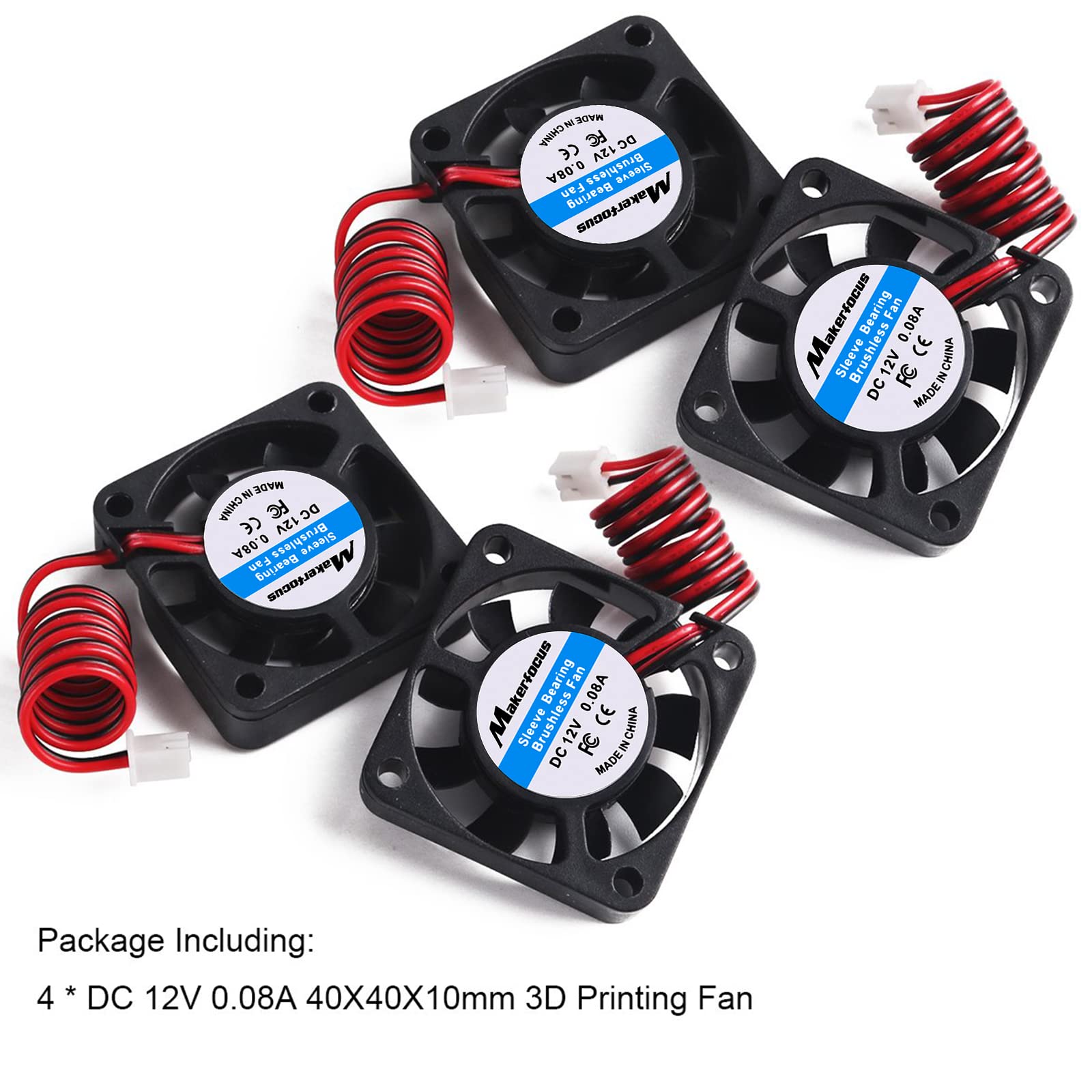 MakerFocus 4pcs 3D Printer Fan 12V, 40mm 12 Volt Fan 0.08A DC Mini Quiet Cooling Fan 40X40X10mm with 28cm Cable for 3D Printer, DVR and Other Small Appliances Series Repair Replacement