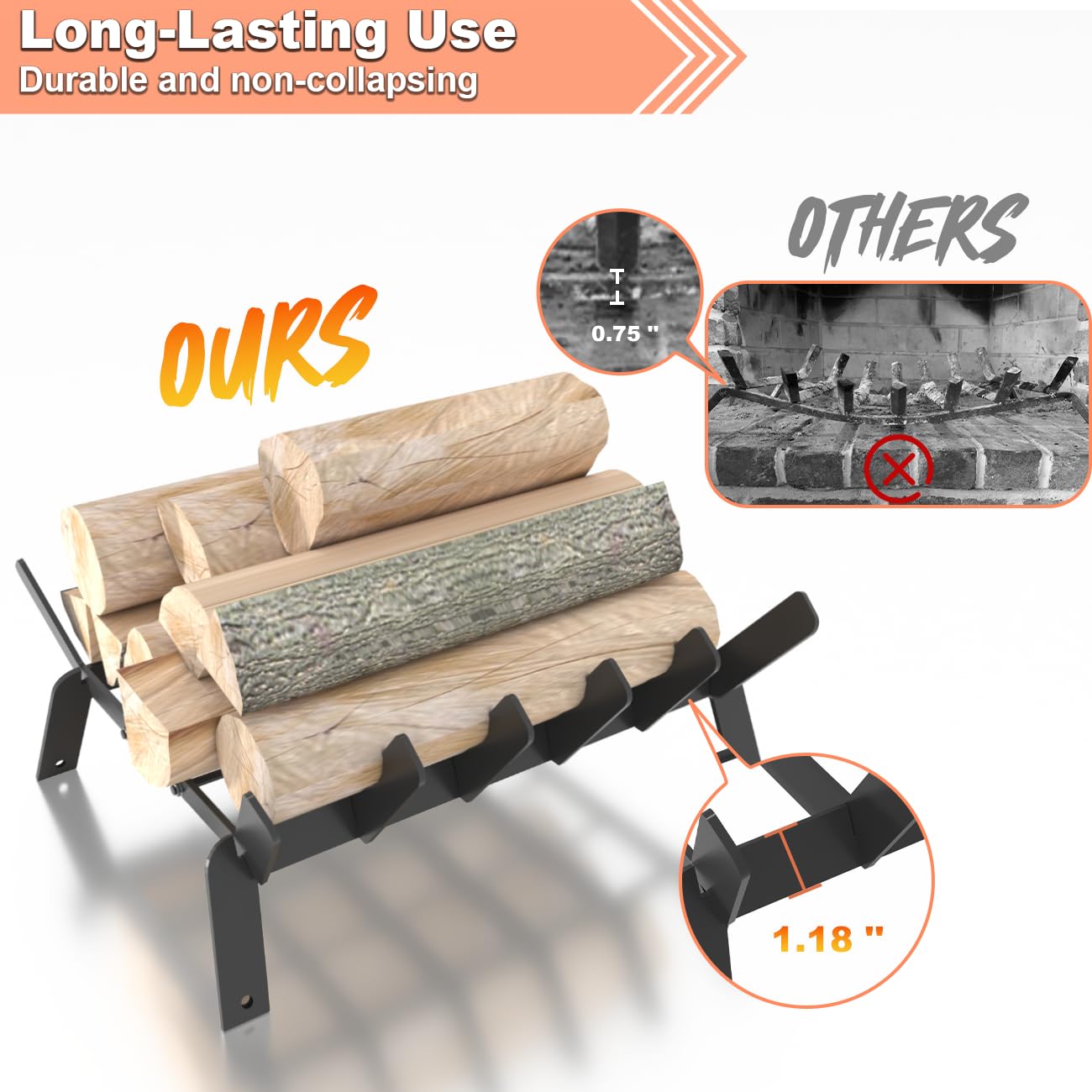 AnBaiMei 17 Inch Heavy Duty Fireplace Grate, Small Fire Wood Log Burning Rack Holder with 6 Support Bars for Indoor Outdoor Fire Place Accessories, Wrought Iron Firewood Stove Insert, Black