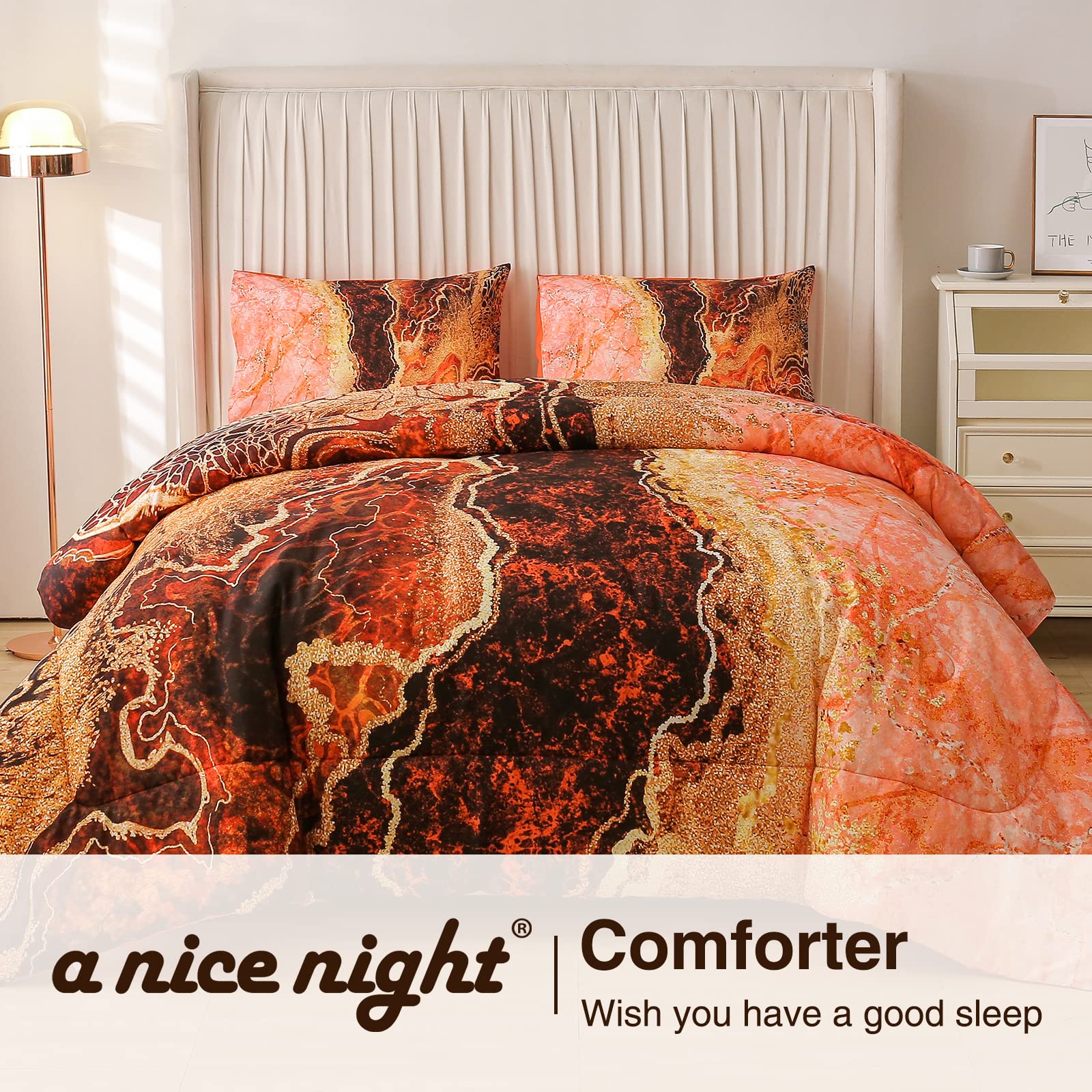 A Nice Night Marble Like Burning Mountain Printed Bedding Set,Retro Style Watercolor Artwork Design,Ultra Soft Comforter Set (Orange,Full(78-by-90-inches))