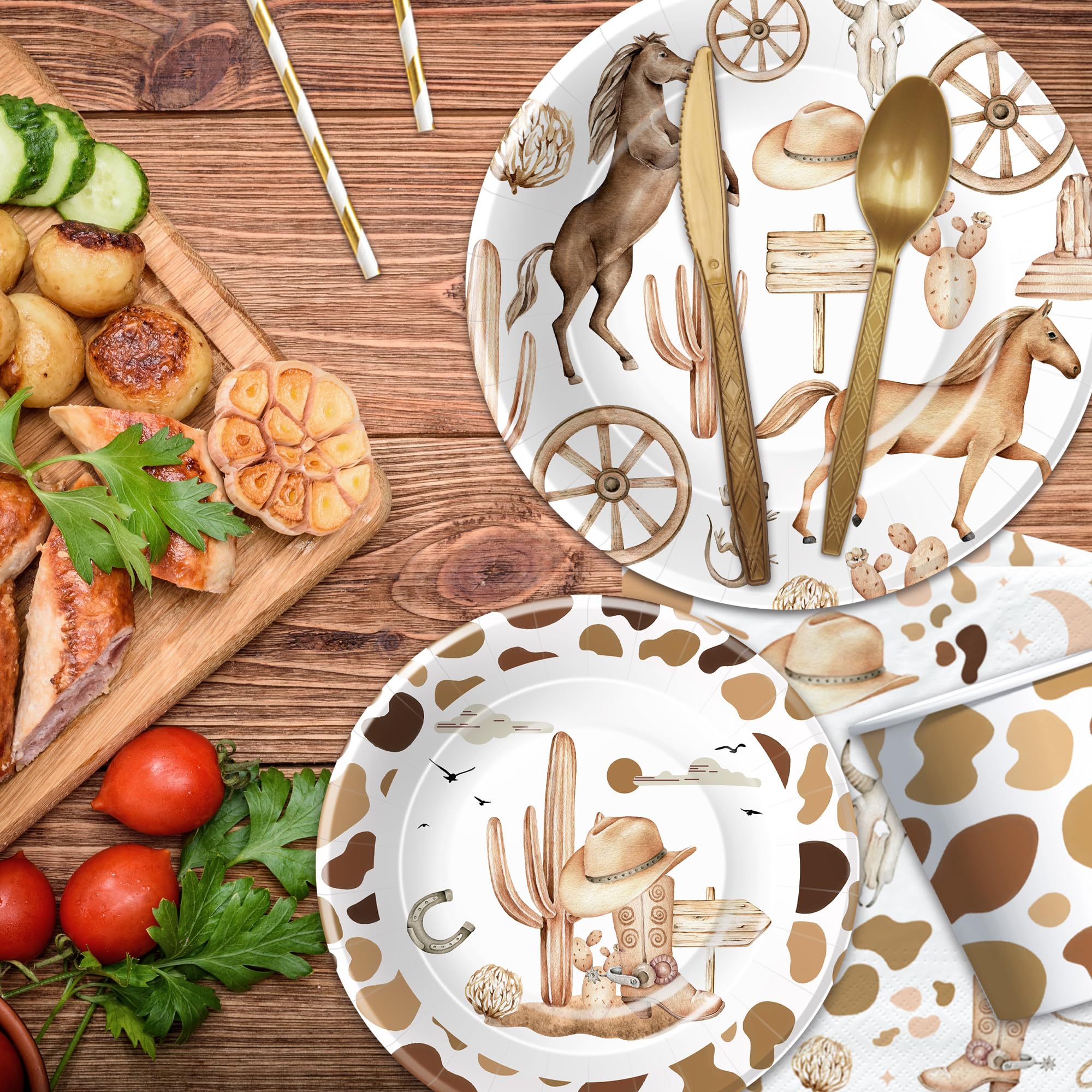 APOWBLS Western Cowboy Party Decorations Dinnerware - Wild West Party Supplies, Paper Plate, Cup, Napkin, Fork, Western Cowboy Rodeo Theme Birthday Baby Shower Decorations Tableware | Serve 24 Guests