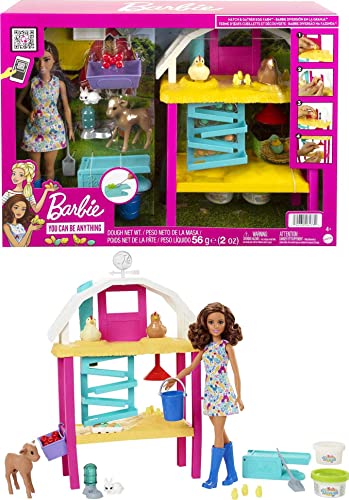 Barbie Doll & Playset, Hatch & Gather Egg Farm with Hatching Molds & Dough, Chicken Coop, 10 Animals & Accessories, Brunette Doll