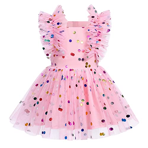 Baby Girls 1st Birthday Outfit Colorful Polka Dots Print Tulle Romper Ruffle Shoulder Straps Sleeveless Square Neck Princess Party Tutu Dress Cake Smash Clothes for Photo Shoot Pink 12-18 Months