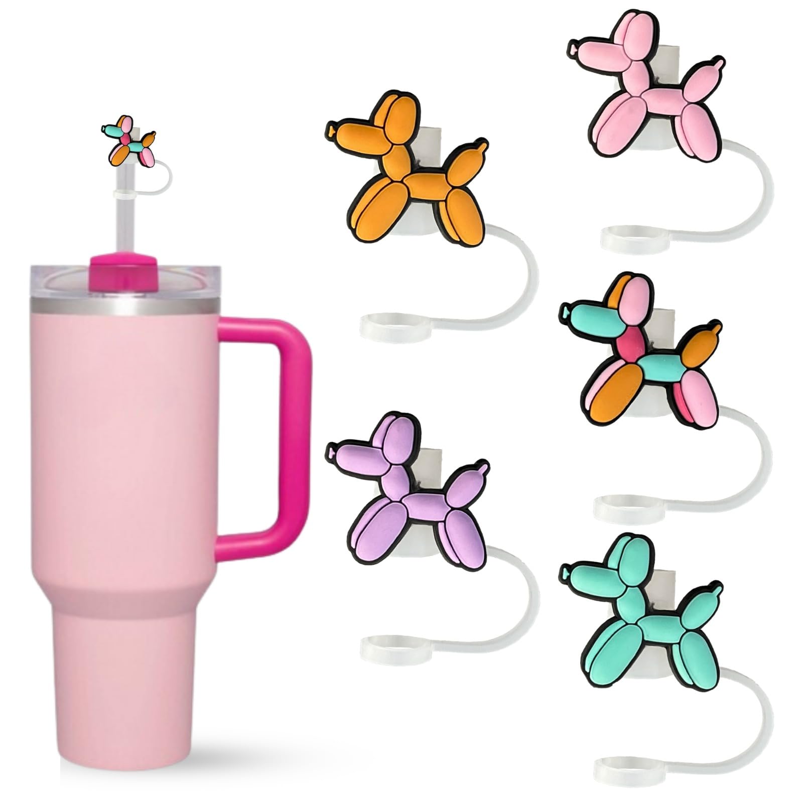 5 PCS Silicone Straw Covers Cap Compatible with Stanley Cup, 10mm Cute Balloon Dog Straw Toppers for Tumblers, Dust-Proof Drinking Straw Caps for Reusable Straws Tips Lids