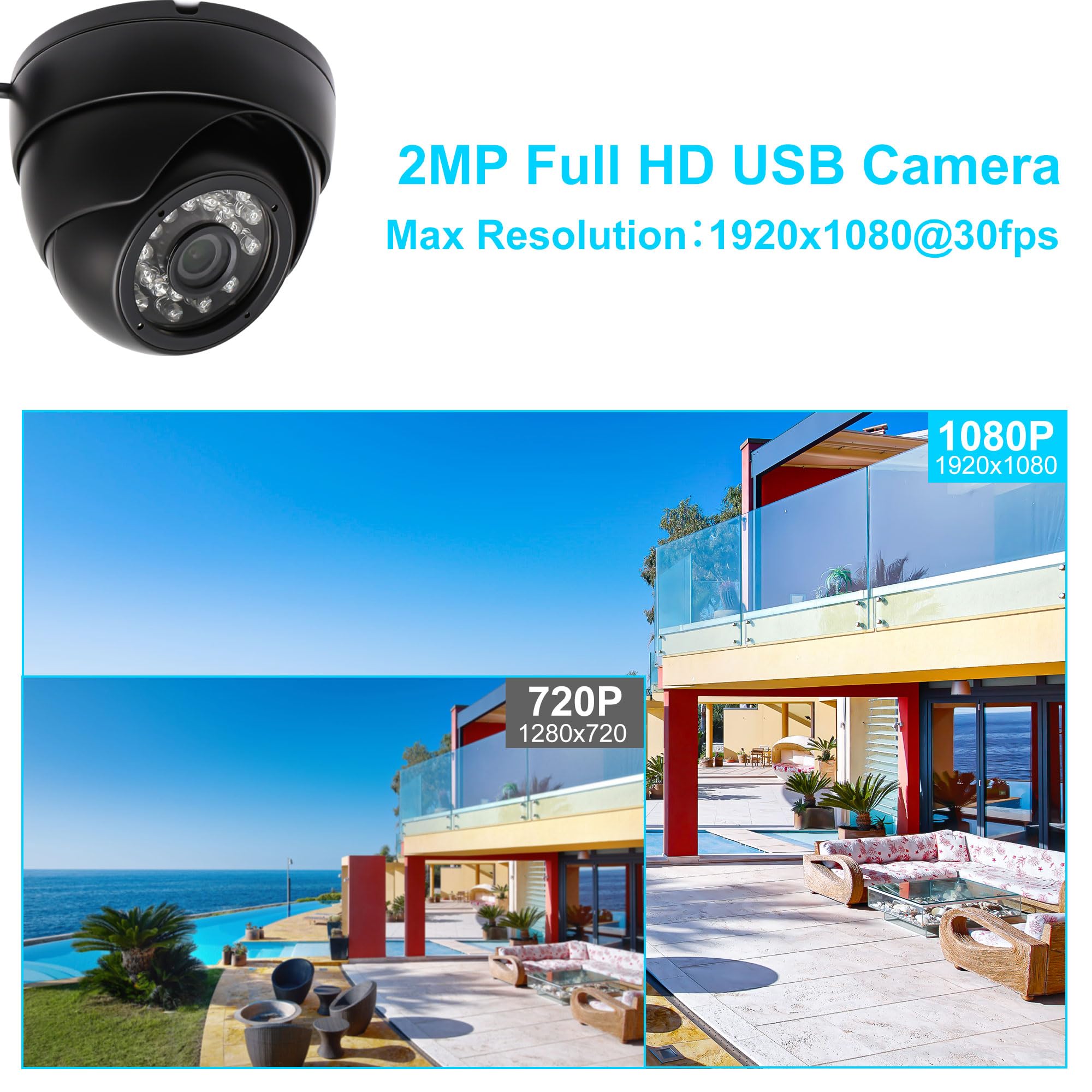 Hotpet 2MP USB Camera H.264 1080P Webcam Day Night Vision Indoor Outdoor Dome Camera 0.01LUX Low Illumination Home Security Camera with 24pcs IR LED for Windows Mac Linux Android