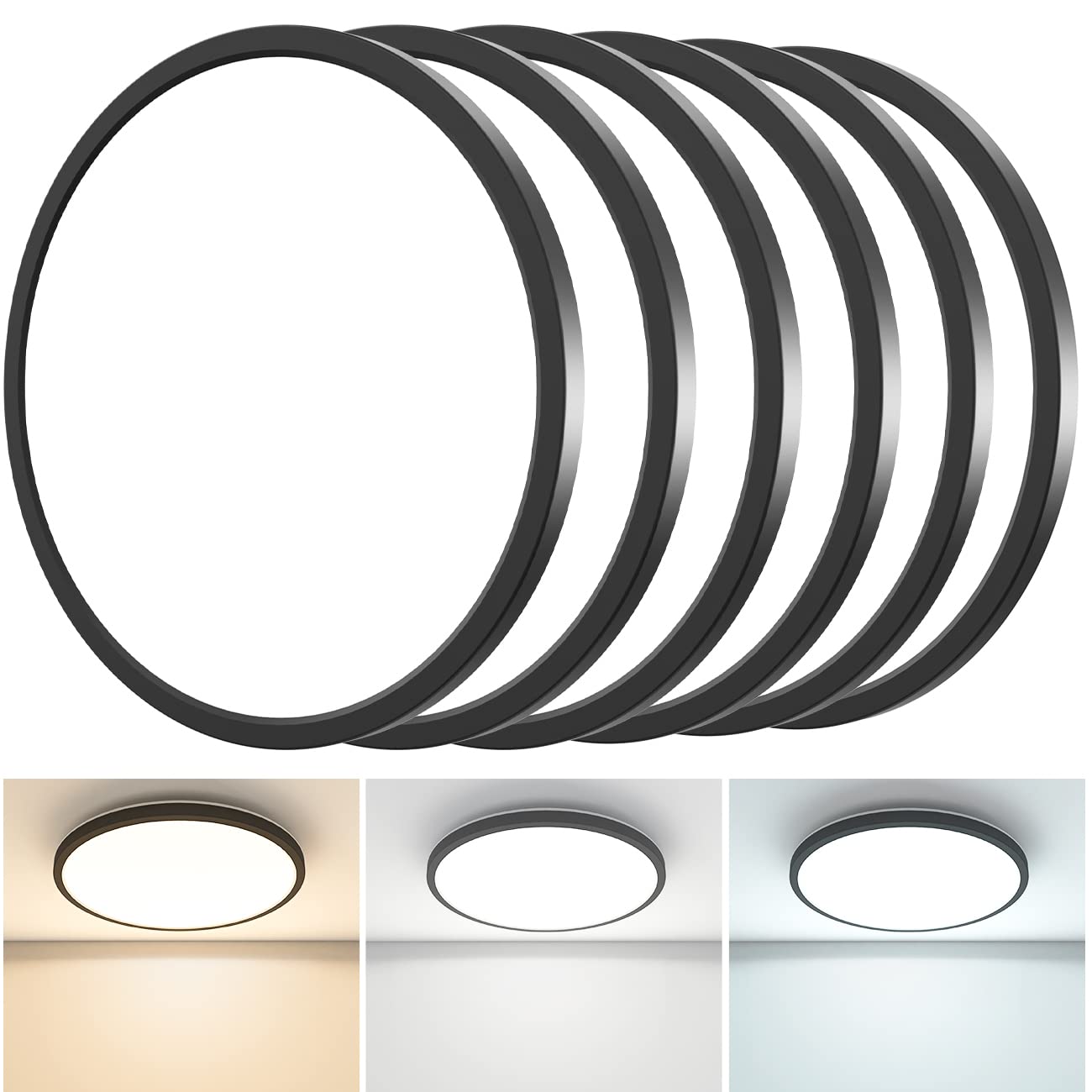 6 Pack LED Flush Mount Ceiling Light 9Inch Black, 24W 2100LM & 3 Color Temperatures 3000/4500/6000K Flush Mount Light Fixture, Low Profile Round LED Ceiling Light for Closet Bathroom Kitchen Hallway