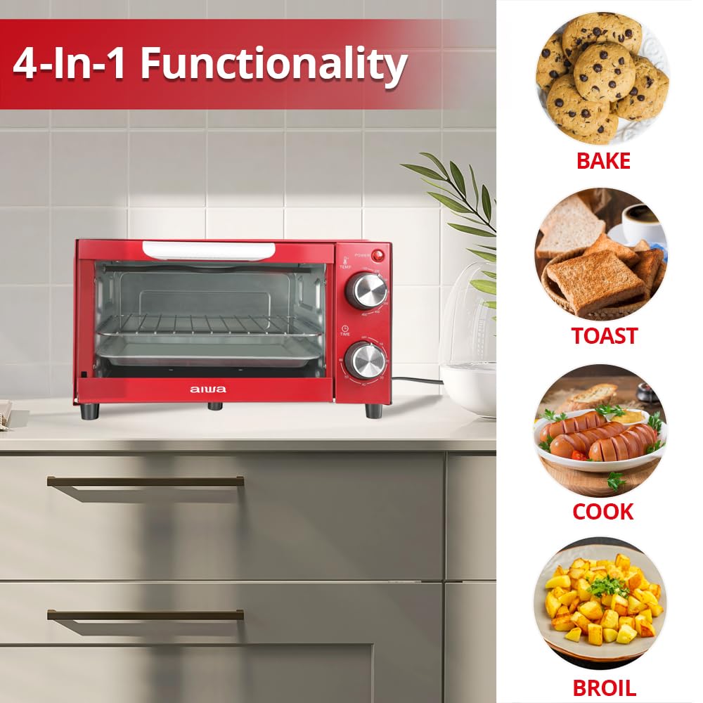 Aiwa 4-Slice Countertop Toaster Oven with Baking Tray, Bake Toast Cook and Broil, Temperature Control, 60 Minute Timer Knob, Automatic Shutoff, Baking Tray and Crumb Tray Included, Black