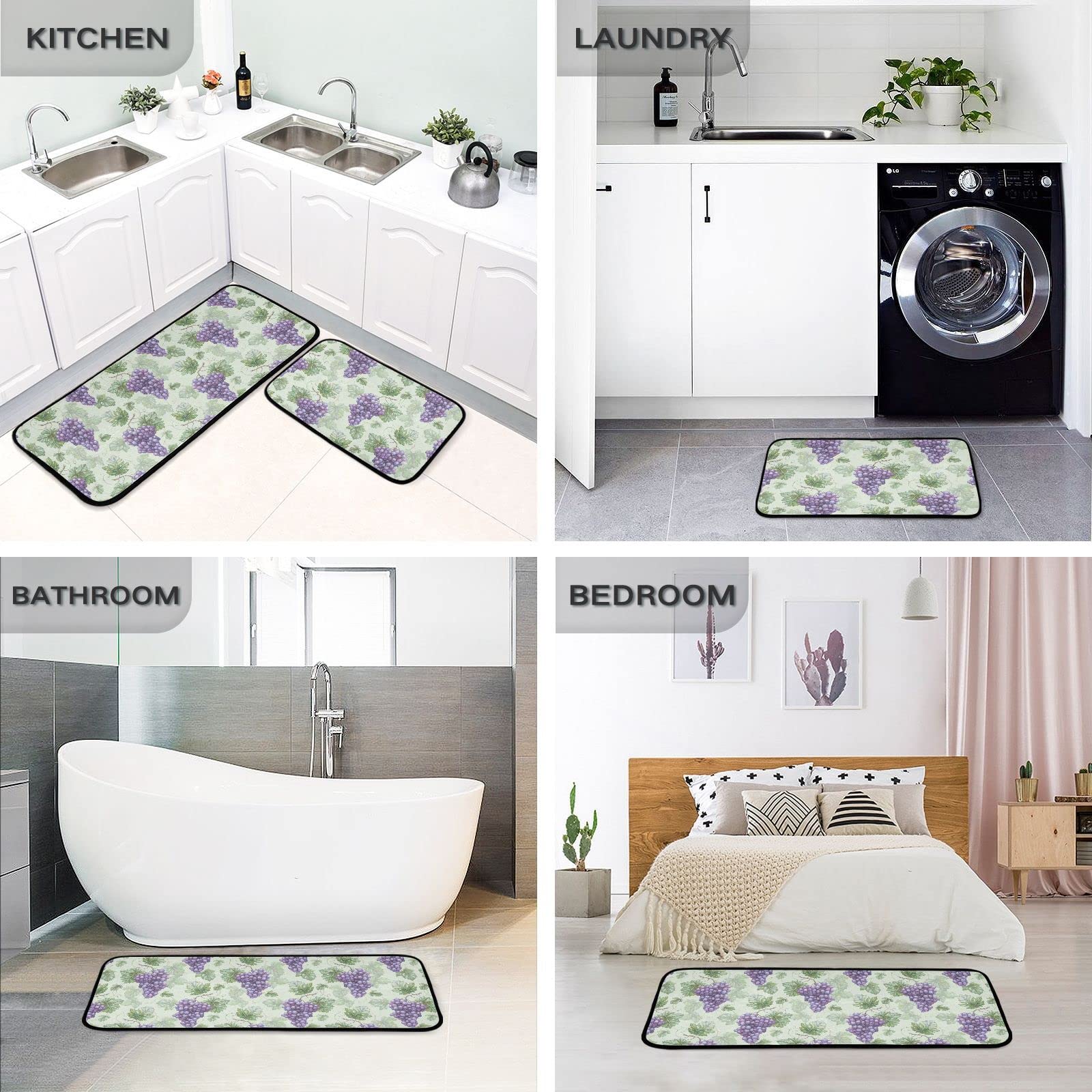 ALAZA Grapes Purple Kitchen Mat Set 2Piece,Super Absorbent Kitchen Rugs Mats Non Slip Waterproof Easy Clean Carpets Rugs for Kitchen Floor Sink Laundry Runner Area Rug Carpet