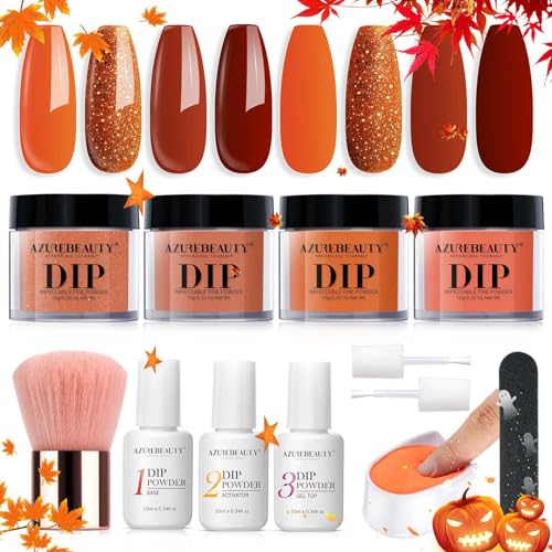 AZUREBEAUTY Dip Powder Nail Kit Starter, Orange Brown Glitter, 4 Fall Pumpkin Maple Dark Colors Set, French Halloween Nail Art Base Top Coat Activator Essential Liquid Manicure DIY Salon 12 PCS