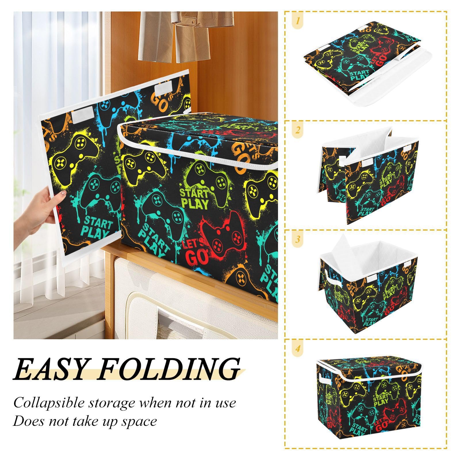 Sletend Gamer Gaming Gamepad Pattern Lidded Home Storage Bins Closet Storage Bins, Foldable Oxford Fabric Storage Box for Home Bedroom Closet Office (16.5x12.6x11.8 in)